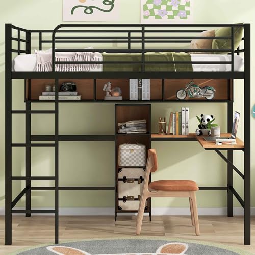 ATY Full Size Loft Bed with Wooden L-Shaped Desk and Small Storage Cabinet, Sturdy Metal Bedframe w/Shelves & Ladder, Save Space Design, for Kids Bedroom, Drom, No Spring Need Required, Black