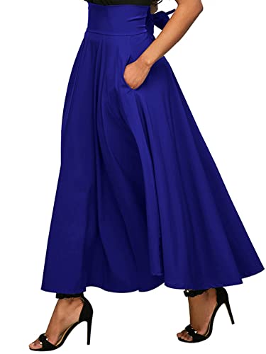 Rooscier Women's Elastic High Waist Tie Knot Back A-Line Flared with Pockets Long Skirt Royal Blue Small