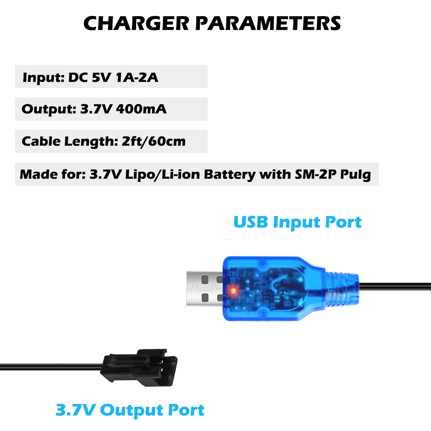 URGENEX SM2P 3.7V Charger Cable 1S USB Battery Charger with SM-2P Connector for 3.7V RC Boats Cars Trucks Li-Po and Li-ion Battery 2 Pack