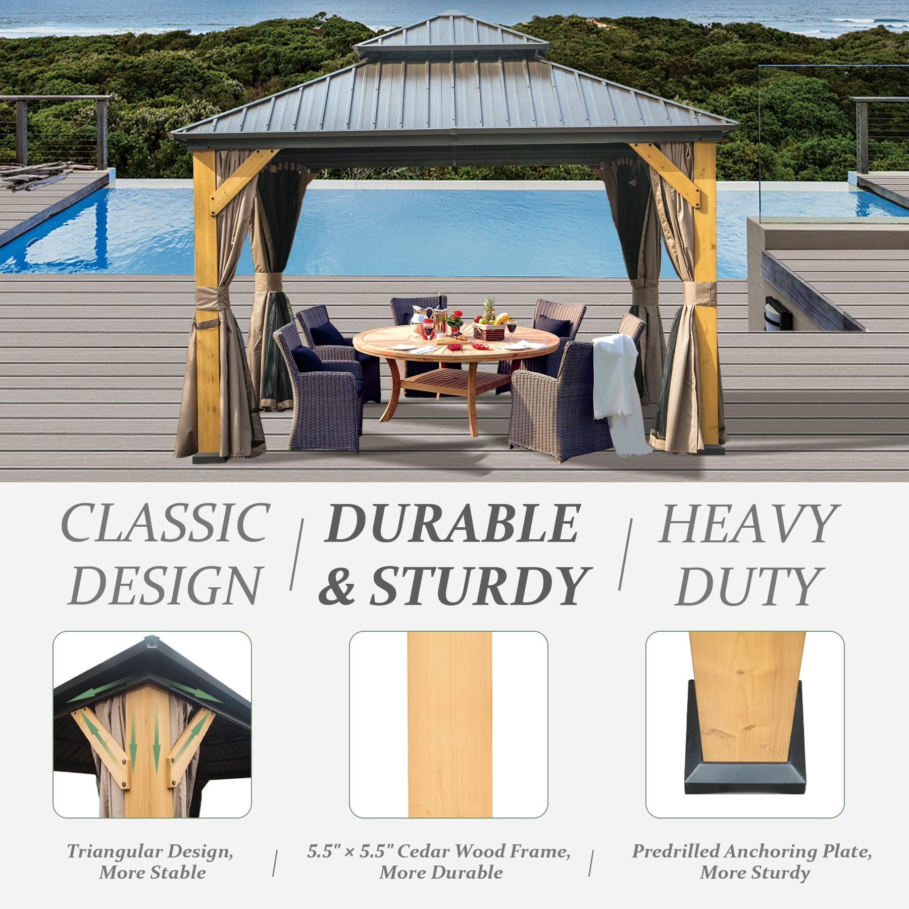 Domi 12' X 12' Wood Gazebo, Cedar Frame Hardtop Gazebo with Galvanized Steel Double Roof, Netting & Curtains, Patio Pergola Pavilion for Patio, Backyard, Deck, Lawns