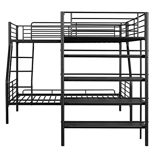 Cotoala L-Shaped Metal Twin Over Full Bunk Bed and Twin Size Loft Bed with 4 Shelves, Steel Bedroom Bedframe for Bedroom, Dorm, Adults, No Spring Box Required