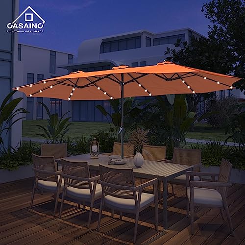 CASAINC 15 FT Solar LED Patio Umbrella with Base Double-Sided Extra Large Outdoor Umbrella Market Rectangular Twin Umbrella w/Crank for Garden Deck Lawn Pool Backyard-Orange (with Lights)