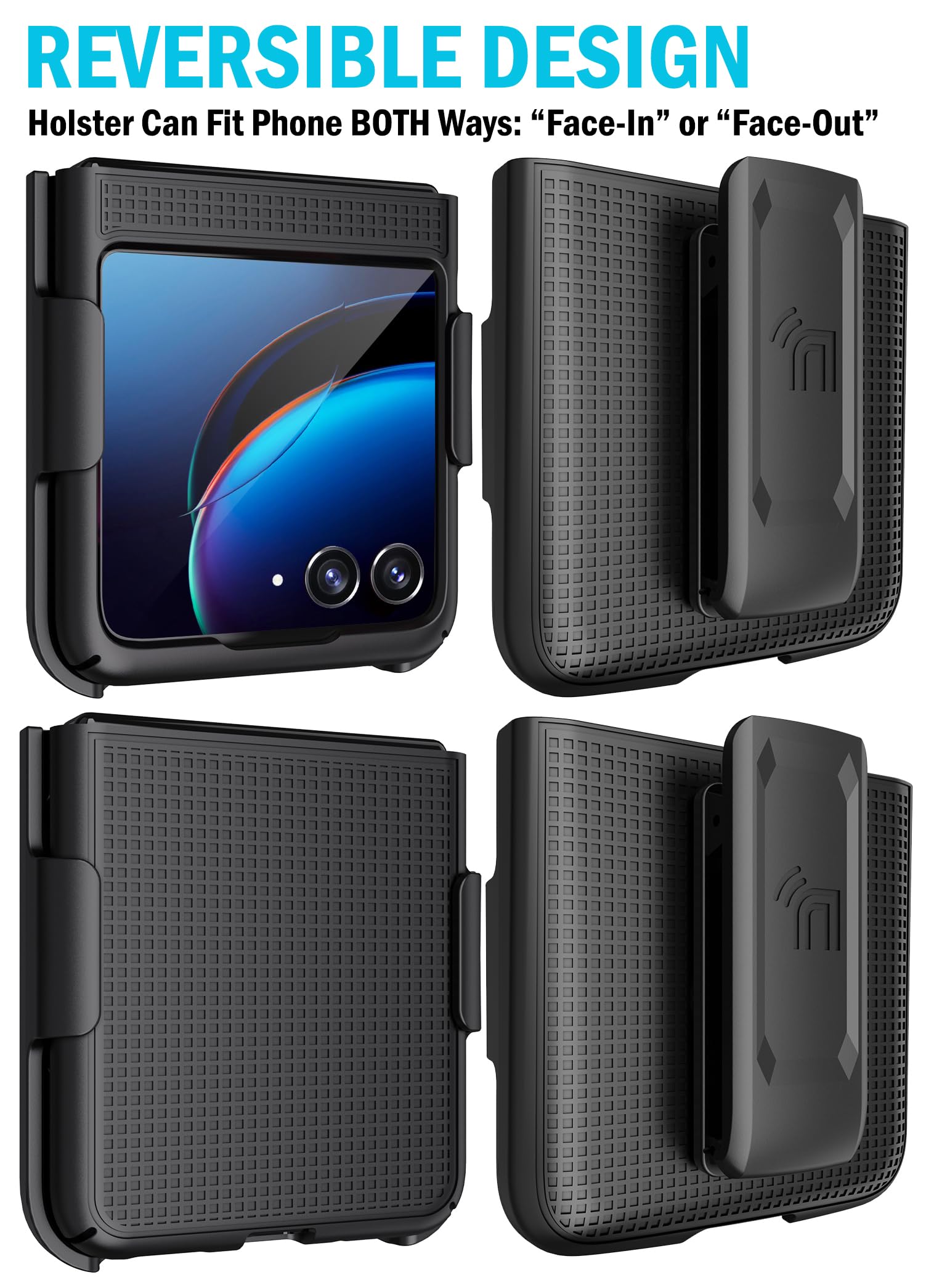 Case with Clip for Motorola RAZR+ 2023, Nakedcellphone [Grid Texture] Slim Hard Shell Cover and [Rotating/Ratchet] Belt Hip Holster Holder Combo for Moto RAZR Plus '23 (RAZR 40 Ultra) - Black