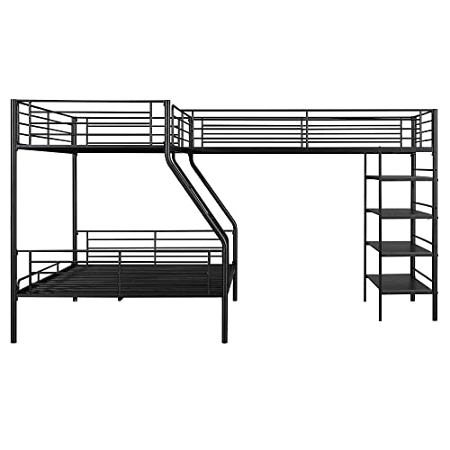 Cotoala L-Shaped Metal Twin Over Full Bunk Bed and Twin Size Loft Bed with 4 Shelves, Steel Bedroom Bedframe for Bedroom, Dorm, Adults, No Spring Box Required