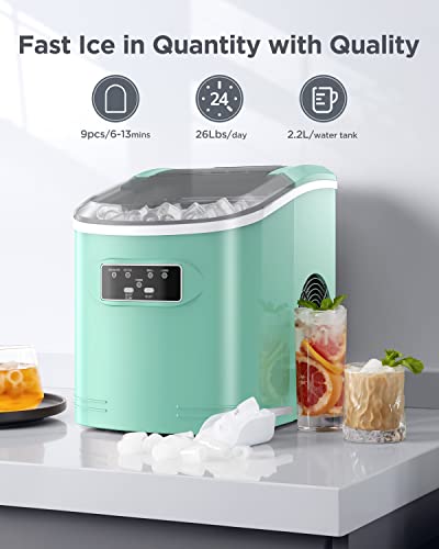 Silonn Countertop Ice Maker Machine, Portable with Handle, Ice Scoop and Basket, Makes up to 27 lbs. of Ice Per Day, 9 Cubes in 7 Mins, Green, 12 x 9 x 12 inches (SLIM06)