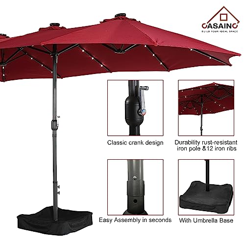 CASAINC 15 FT Solar LED Patio Umbrella with Base Double-Sided Extra Large Outdoor Umbrella Market Rectangular Twin Umbrella w/Crank for Garden Deck Lawn Pool Backyard-Burgundy (with Lights)