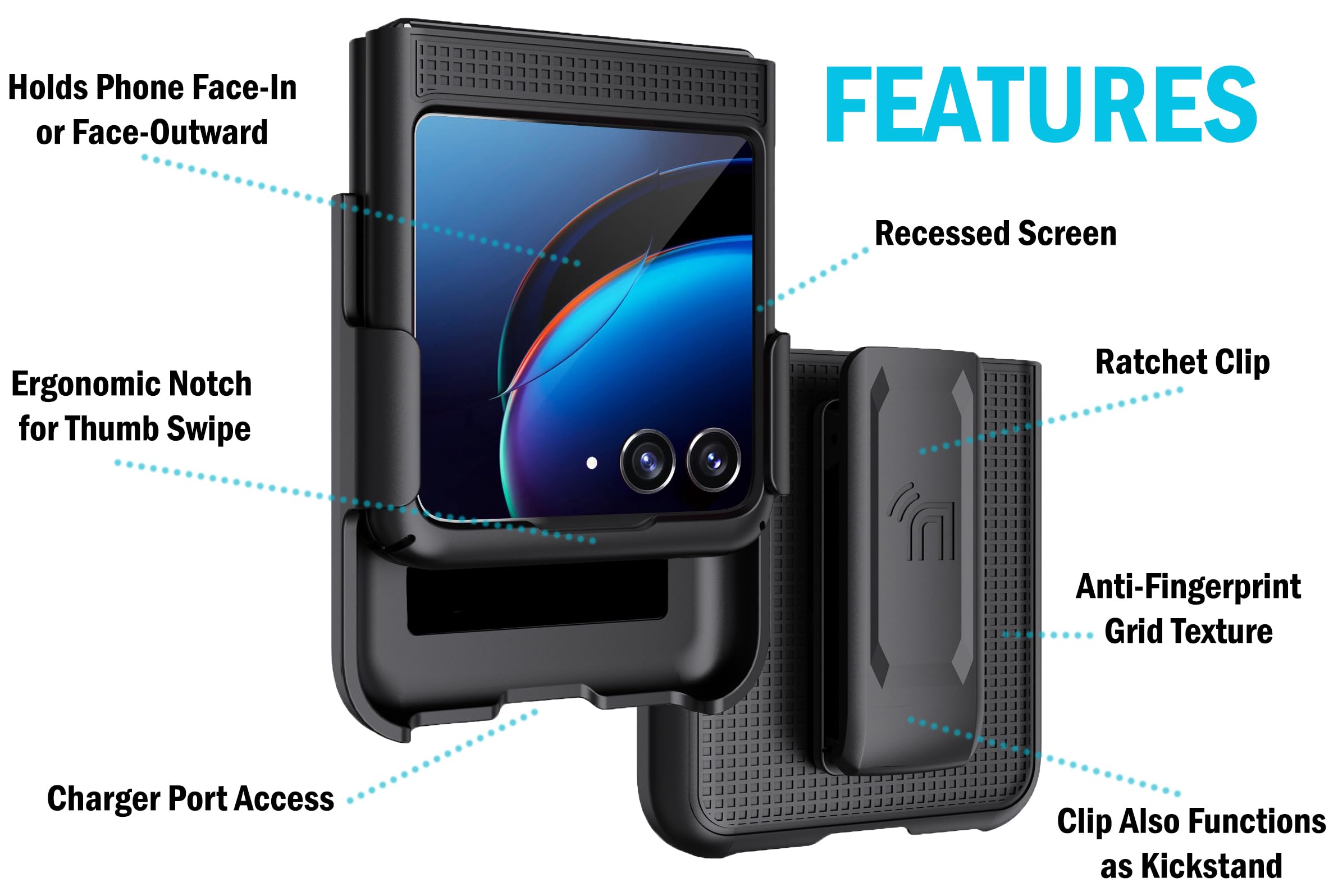 Case with Clip for Motorola RAZR+ 2023, Nakedcellphone [Grid Texture] Slim Hard Shell Cover and [Rotating/Ratchet] Belt Hip Holster Holder Combo for Moto RAZR Plus '23 (RAZR 40 Ultra) - Black