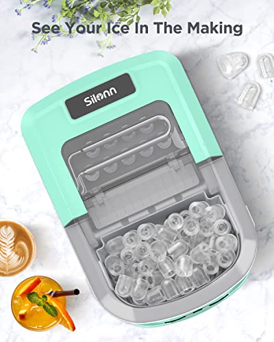 Silonn Countertop Ice Maker Machine, Portable with Handle, Ice Scoop and Basket, Makes up to 27 lbs. of Ice Per Day, 9 Cubes in 7 Mins, Green, 12 x 9 x 12 inches (SLIM06)