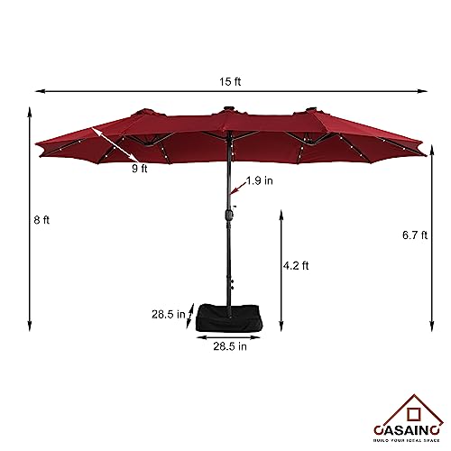 CASAINC 15 FT Solar LED Patio Umbrella with Base Double-Sided Extra Large Outdoor Umbrella Market Rectangular Twin Umbrella w/Crank for Garden Deck Lawn Pool Backyard-Burgundy (with Lights)