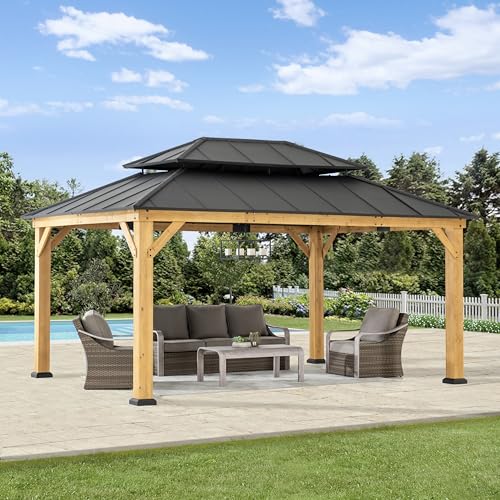 SUNJOY 12 x 16 ft. Wood Gazebo, Outdoor Patio Hardtop Gazebo, Upgrade Cedar Framed Wooden Gazebo with 2-Tier Metal Roof, Suitable for Patios, Lawn and Backyard, Dark Brown Roof + Natural Wood Frame