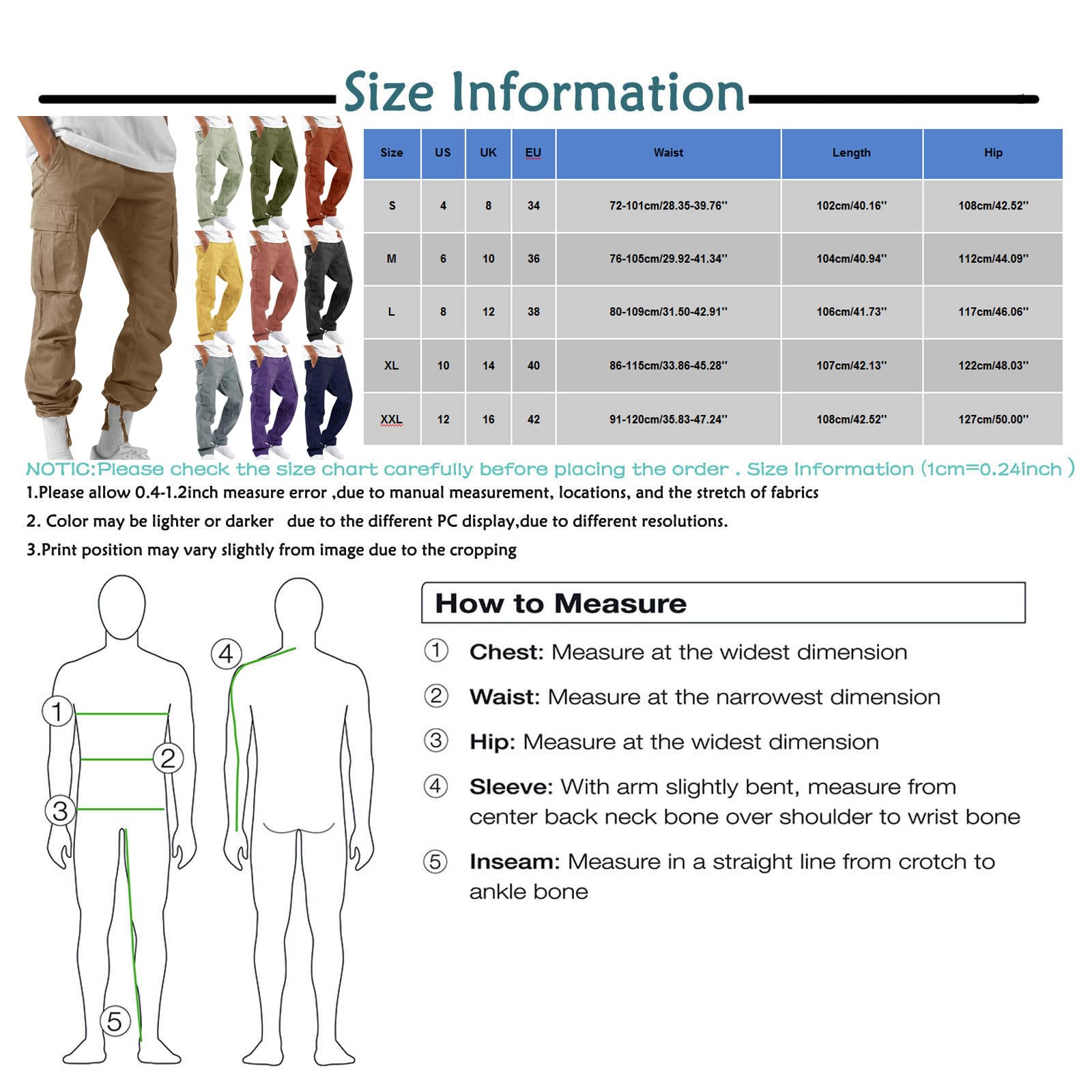 Pull On Pants for Men, Jogger Sweatpants Men Mens Sweatpants Joggers Lined Pants Winter Men's Overalls Drawstring Multi Pocket Casual Pants Hiking Cotton Twill Combat Pants (XL, Black)