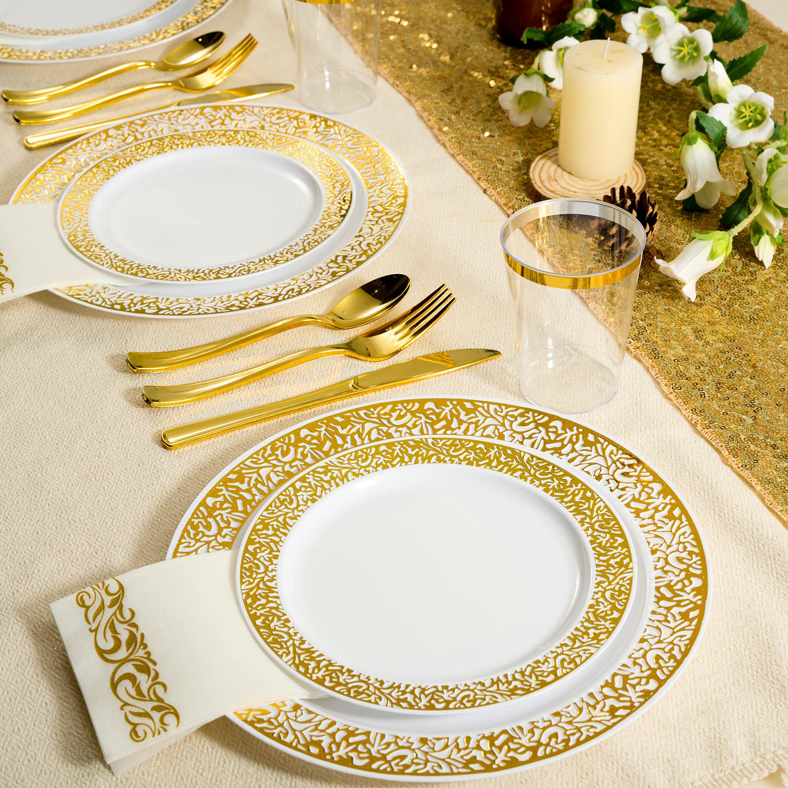 FOCUSLINE 175 Gold Dinnerware Set for 25 Guests, White Plastic Plates with Gold Lace Rim Design, Including 25 Disposable Dinner and Dessert Plates, 25 Silverware Set, 25 Cups, 25 Napkins