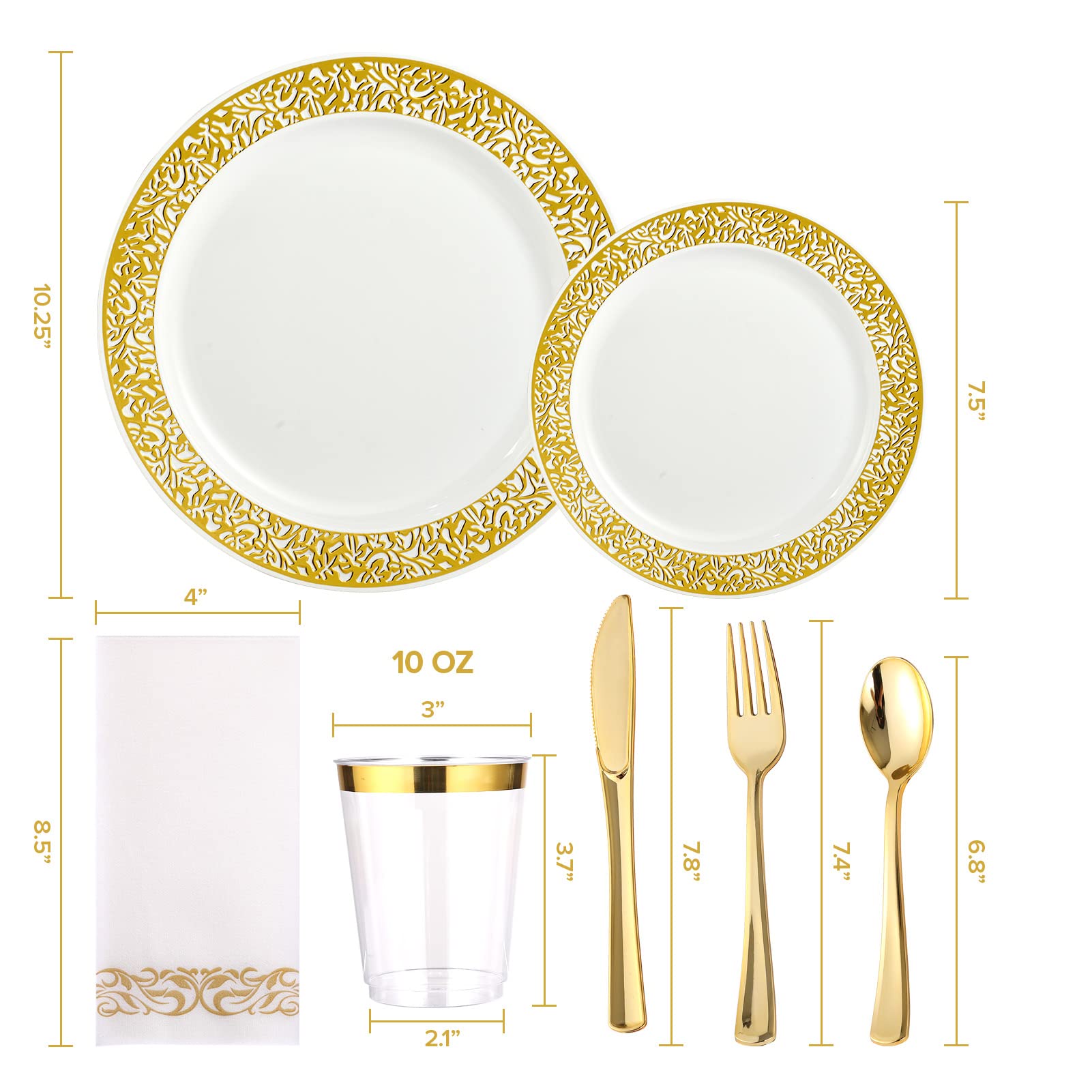 FOCUSLINE 175 Gold Dinnerware Set for 25 Guests, White Plastic Plates with Gold Lace Rim Design, Including 25 Disposable Dinner and Dessert Plates, 25 Silverware Set, 25 Cups, 25 Napkins