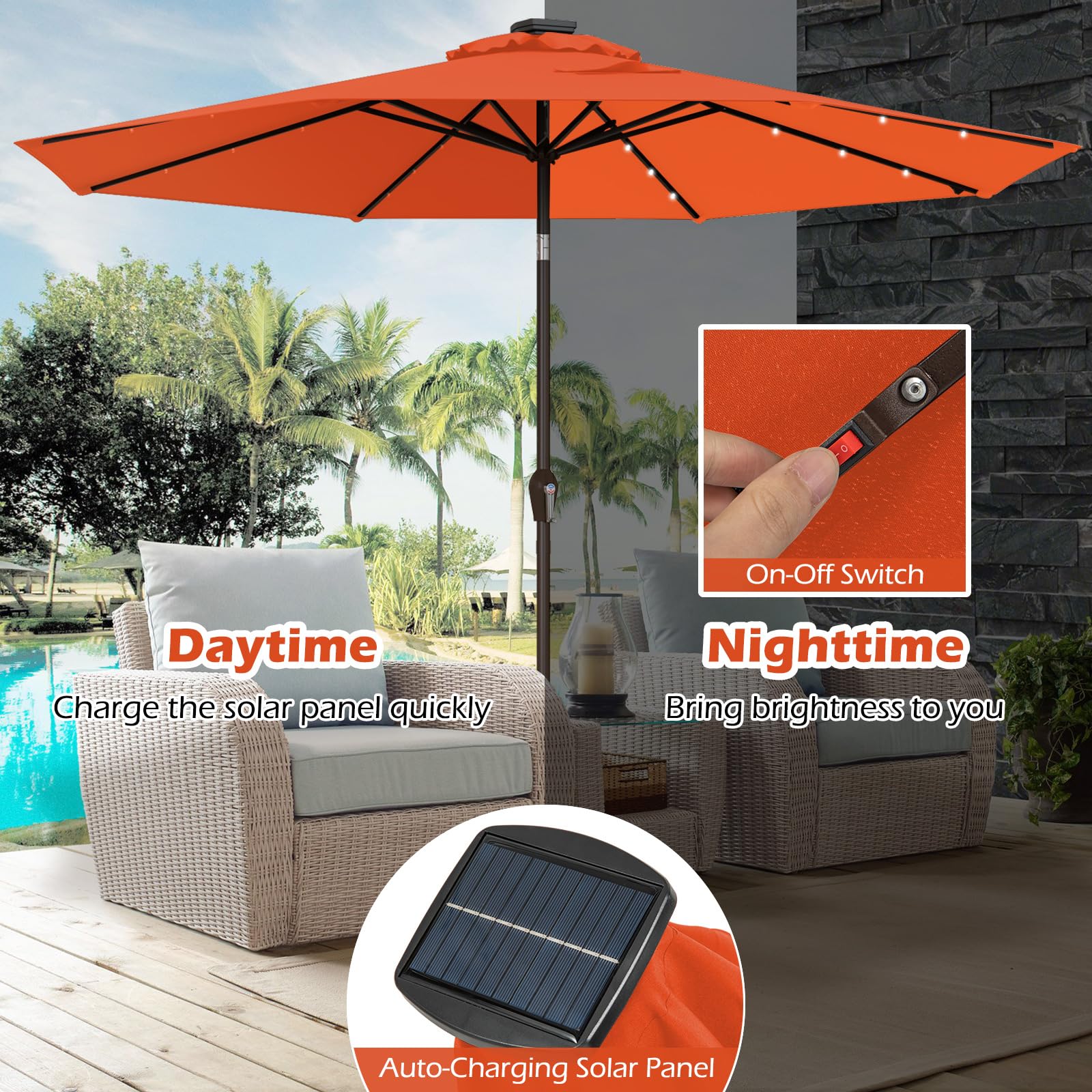 Giantex 9ft Outdoor Patio umbrella with Solar Lights, Table Market Umbrella with Crank and Push-button Tilt System, Solar LED Lighted Patio Umbrella for Backyard Deck Pool Beach (Orange)