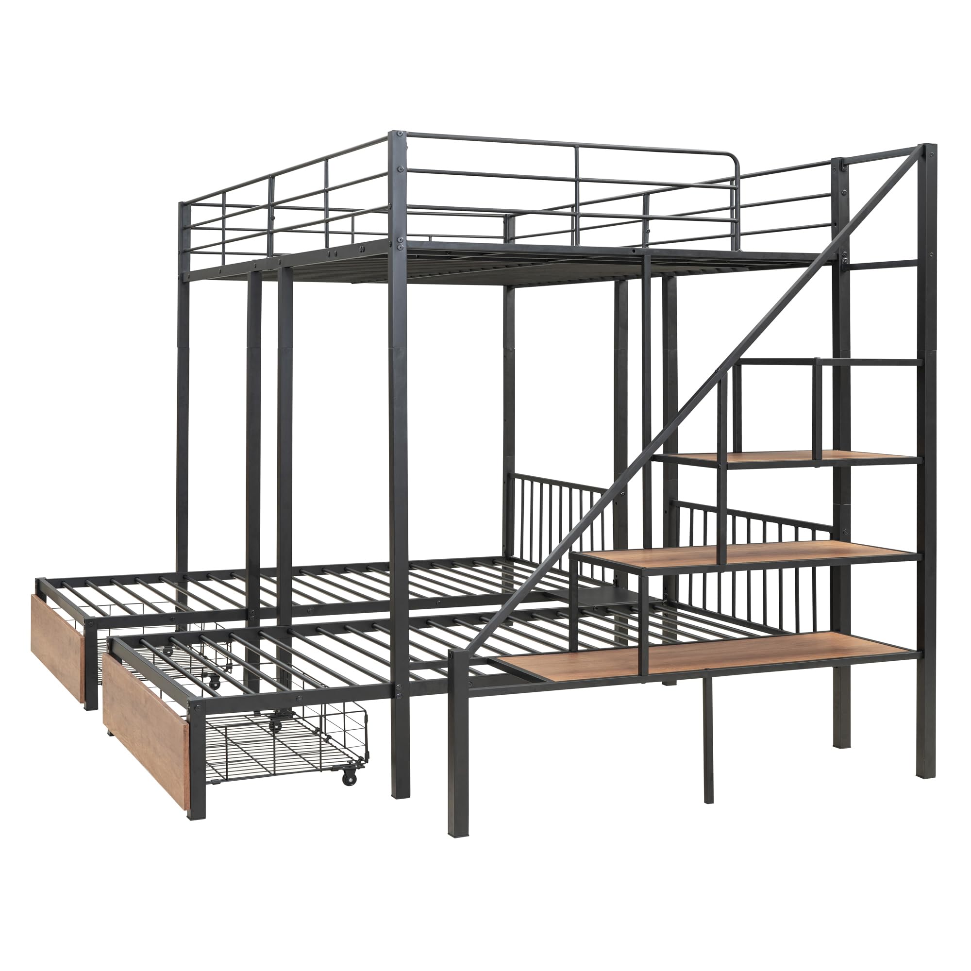 CITYLIGHT Triple Bunk Beds with Storage, Metal Full Over Twin & Twin Bunk Beds with Stairs,3 Bed Bunk Bunk for Kids, Girls, Boys,Teens, Adults,Space Saving Design,Can be Separated into 3 Beds, Black