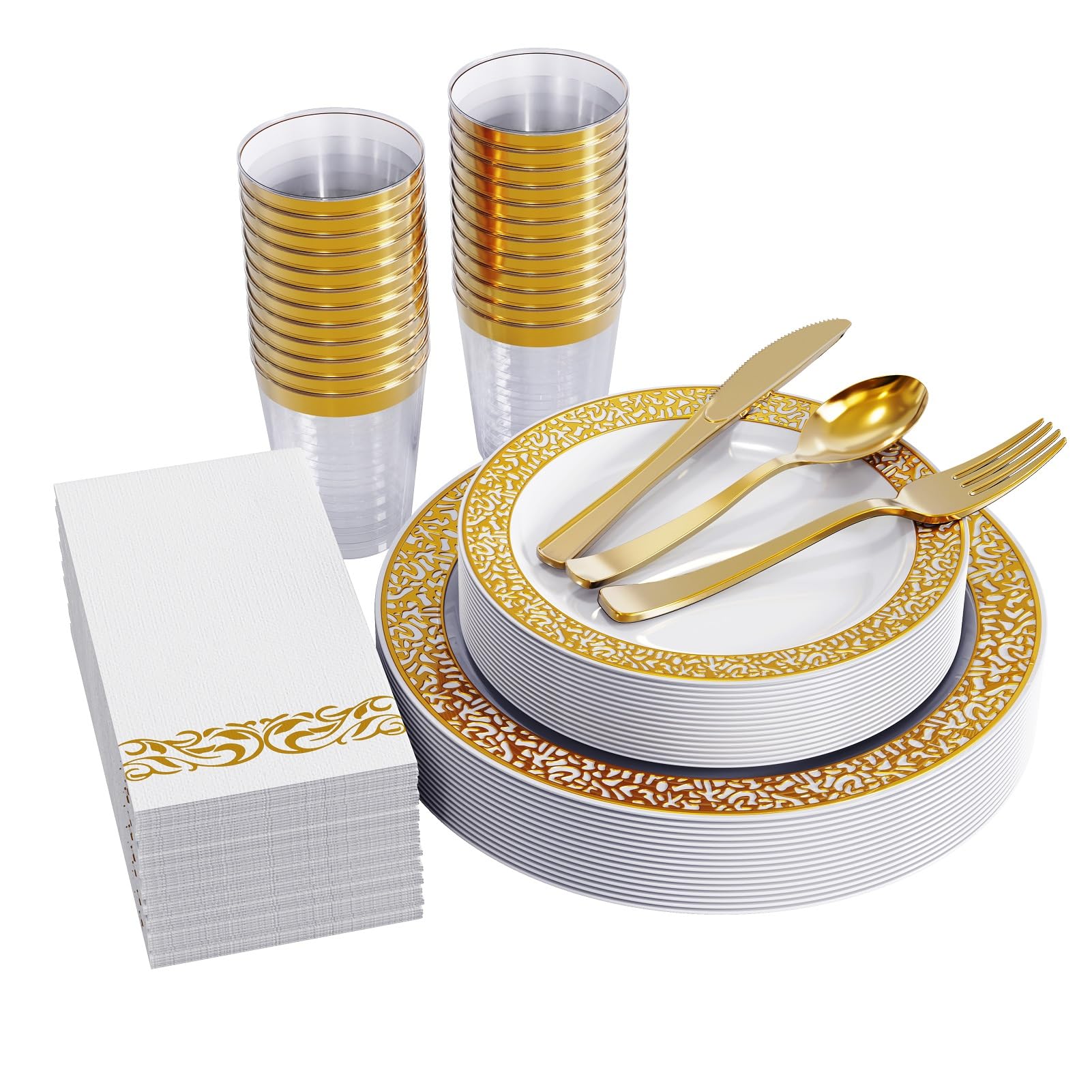 FOCUSLINE 175 Gold Dinnerware Set for 25 Guests, White Plastic Plates with Gold Lace Rim Design, Including 25 Disposable Dinner and Dessert Plates, 25 Silverware Set, 25 Cups, 25 Napkins