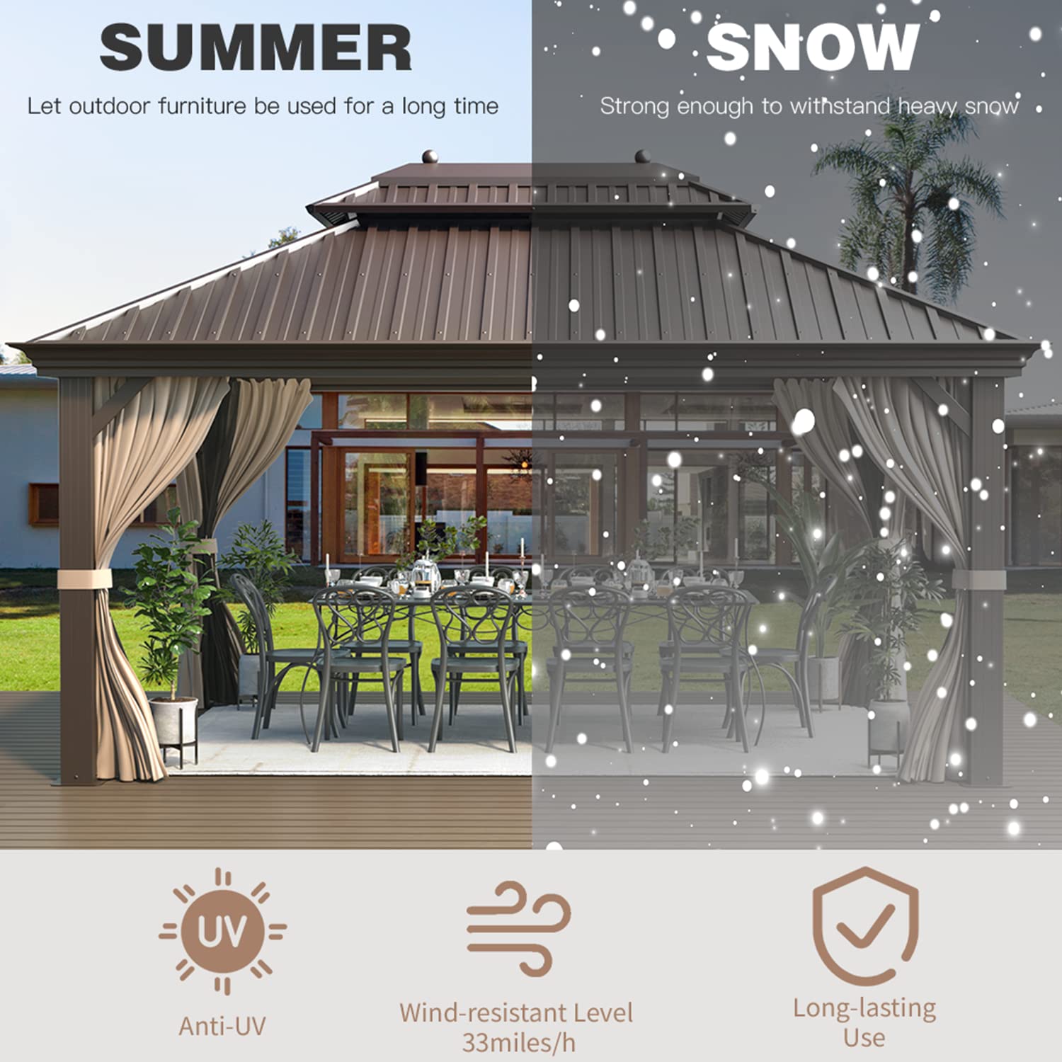 EROMMY 12'x16' Hardtop Gazebo Double Roof Galvanized Steel Canopy Outdoor Aluminum Frame Permanent Metal Pavilion with Netting and Curtains for Patio Backyard Deck and Lawns