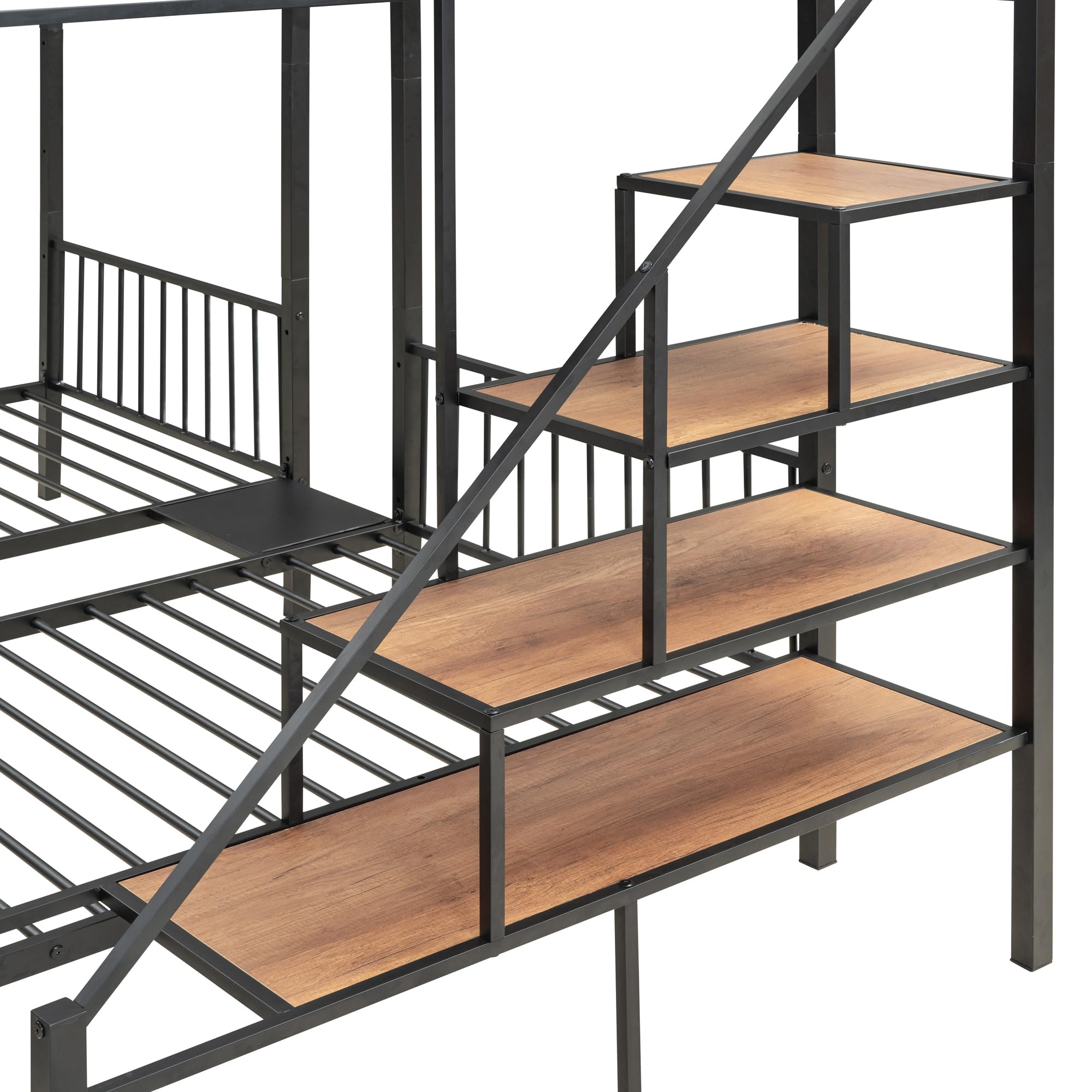 CITYLIGHT Triple Bunk Beds with Storage, Metal Full Over Twin & Twin Bunk Beds with Stairs,3 Bed Bunk Bunk for Kids, Girls, Boys,Teens, Adults,Space Saving Design,Can be Separated into 3 Beds, Black