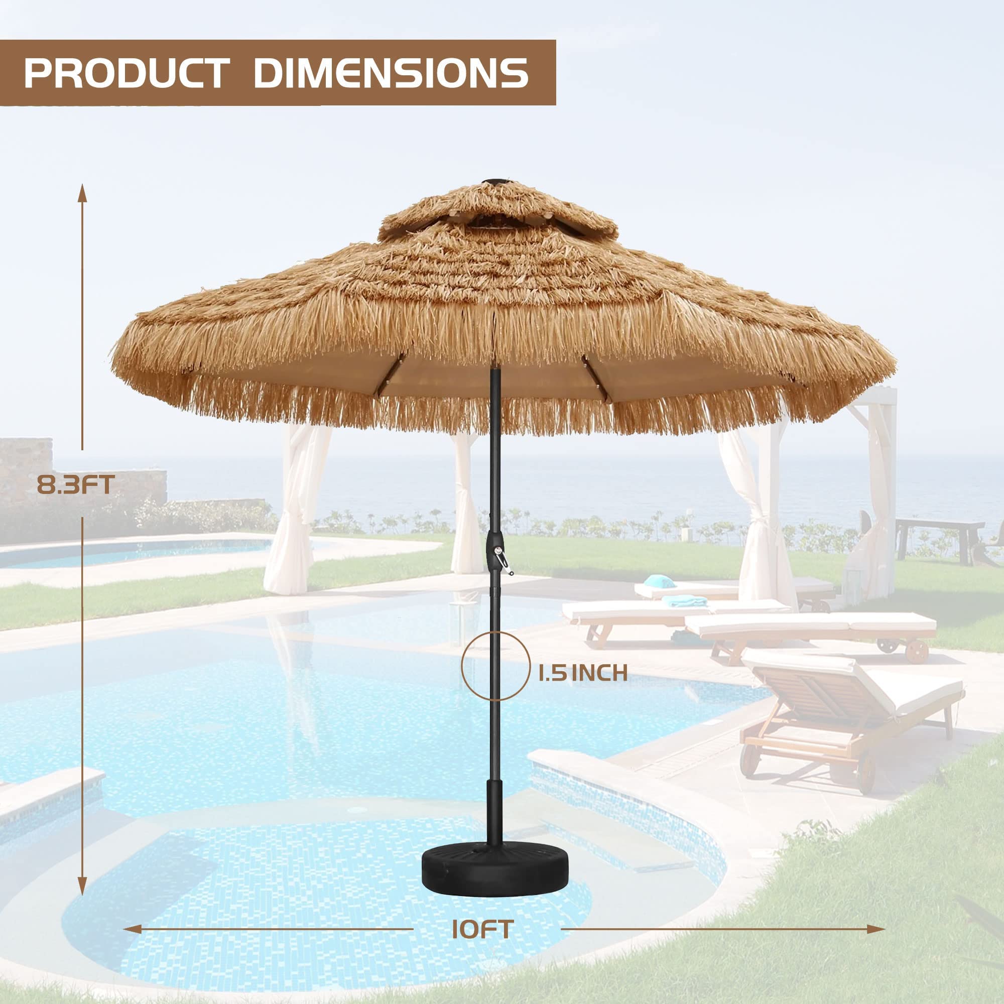 HYD-Parts 10FT Double Top Thatched Patio Umbrella Outdoor Hawaiian Style Beach Tiki Umbrella with Solar LED light & Crank for Patio, Pool, and Beach