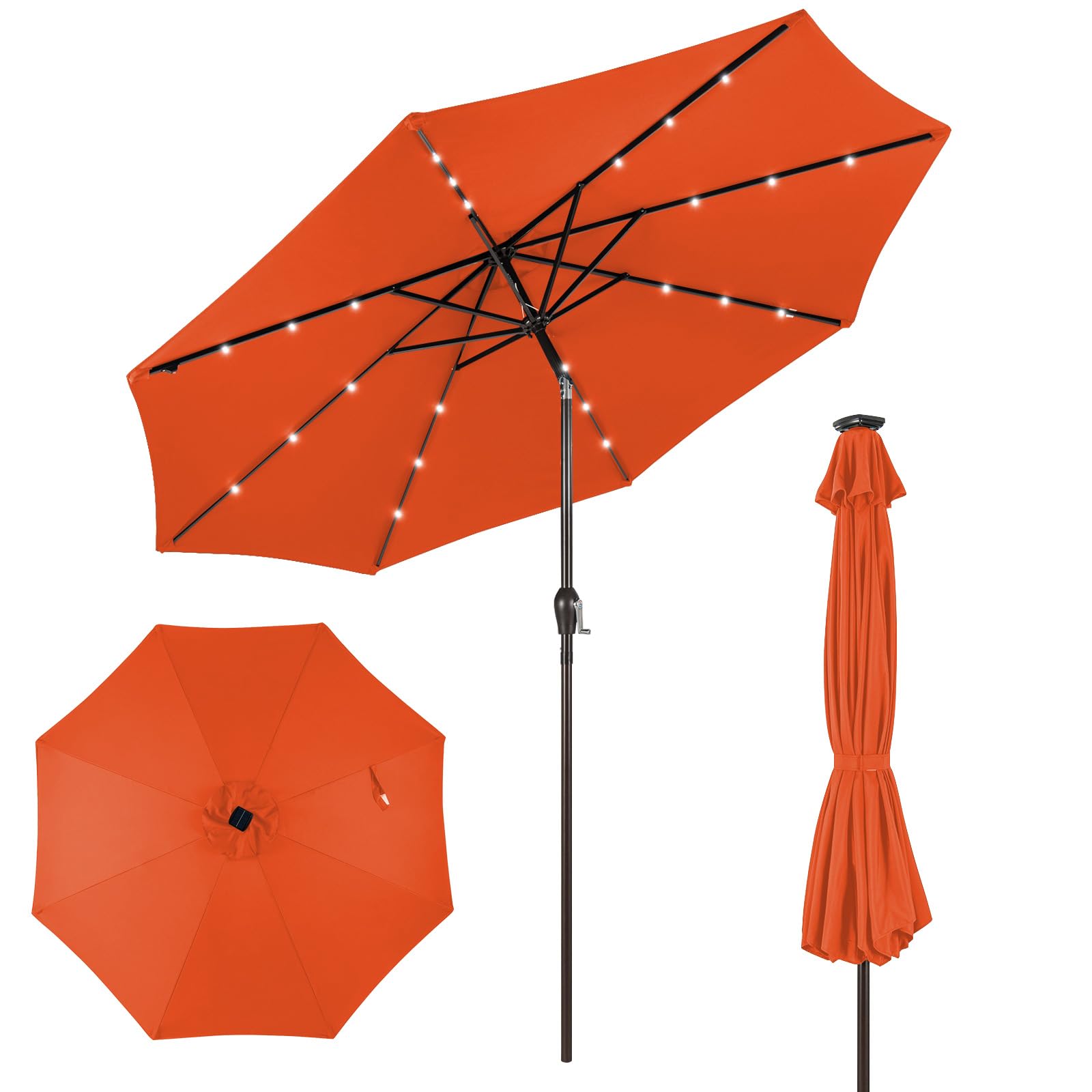 Giantex 9ft Outdoor Patio umbrella with Solar Lights, Table Market Umbrella with Crank and Push-button Tilt System, Solar LED Lighted Patio Umbrella for Backyard Deck Pool Beach (Orange)