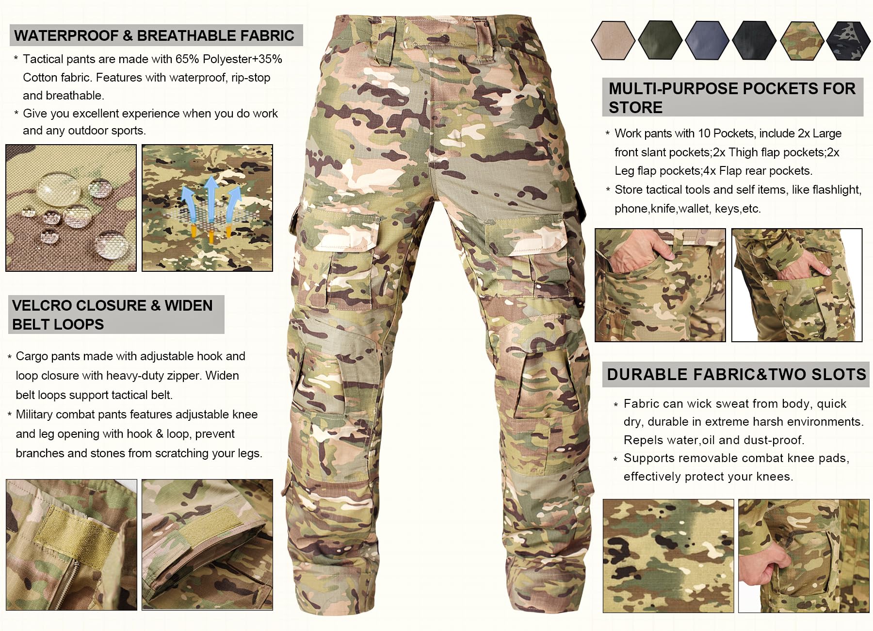 OCANXUE Tactical Pants Camo Cargo Pants for Men Outdoor Hiking Pants Ripstop Work Pants Multi Pocket Pants No Belt No Knee Pads CP Camo 38
