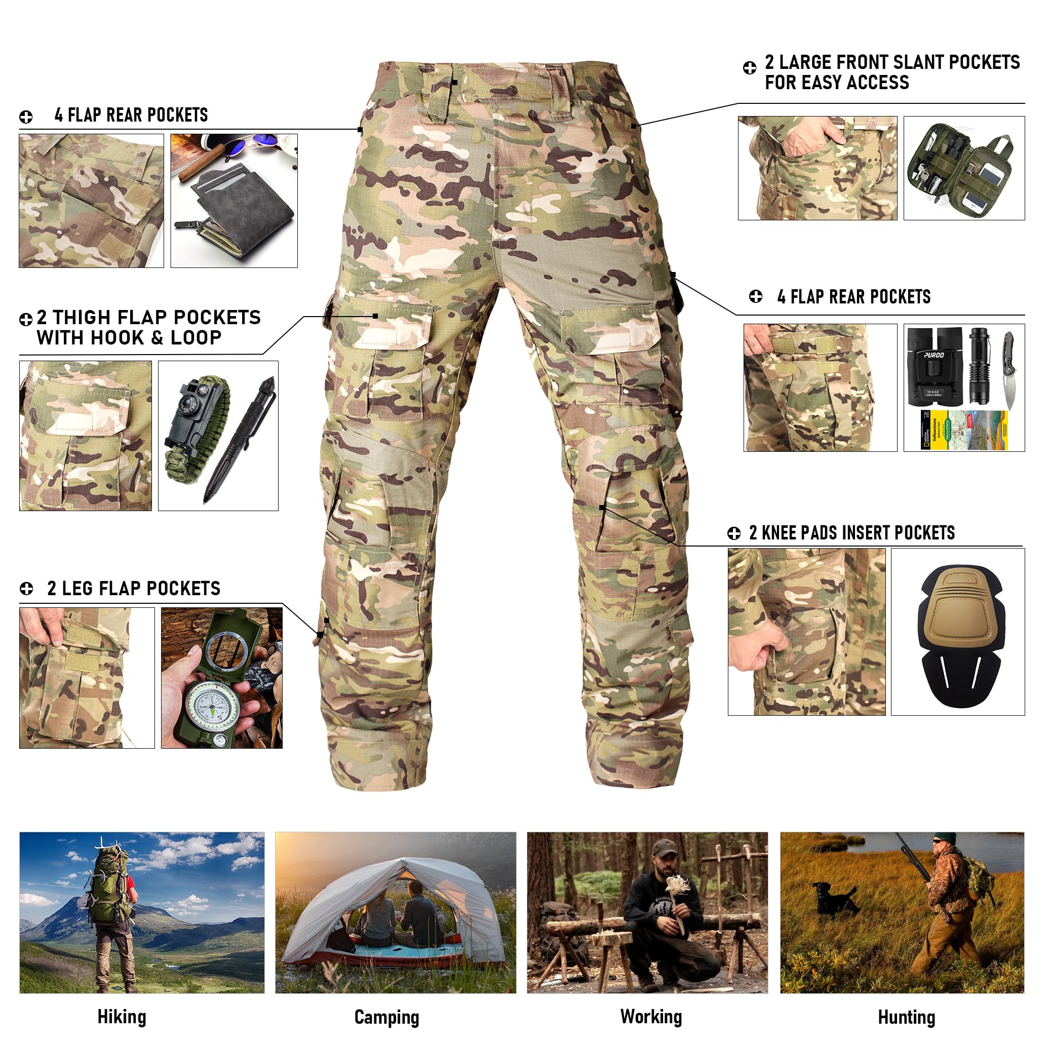 OCANXUE Tactical Pants Camo Cargo Pants for Men Outdoor Hiking Pants Ripstop Work Pants Multi Pocket Pants No Belt No Knee Pads CP Camo 38