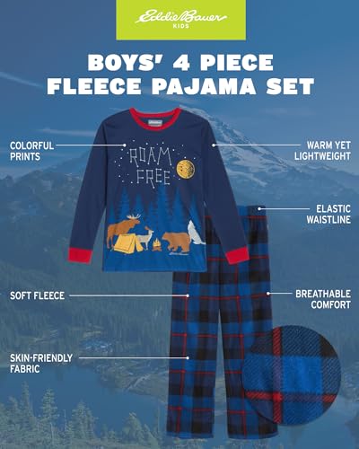 Eddie Bauer Boys' Pajama Set - 4 Piece Matching Fleece Graphic Pajama Tops and Pajama Pants for Boys (Sizes: XS-L), Size Medium, Blue/Grey