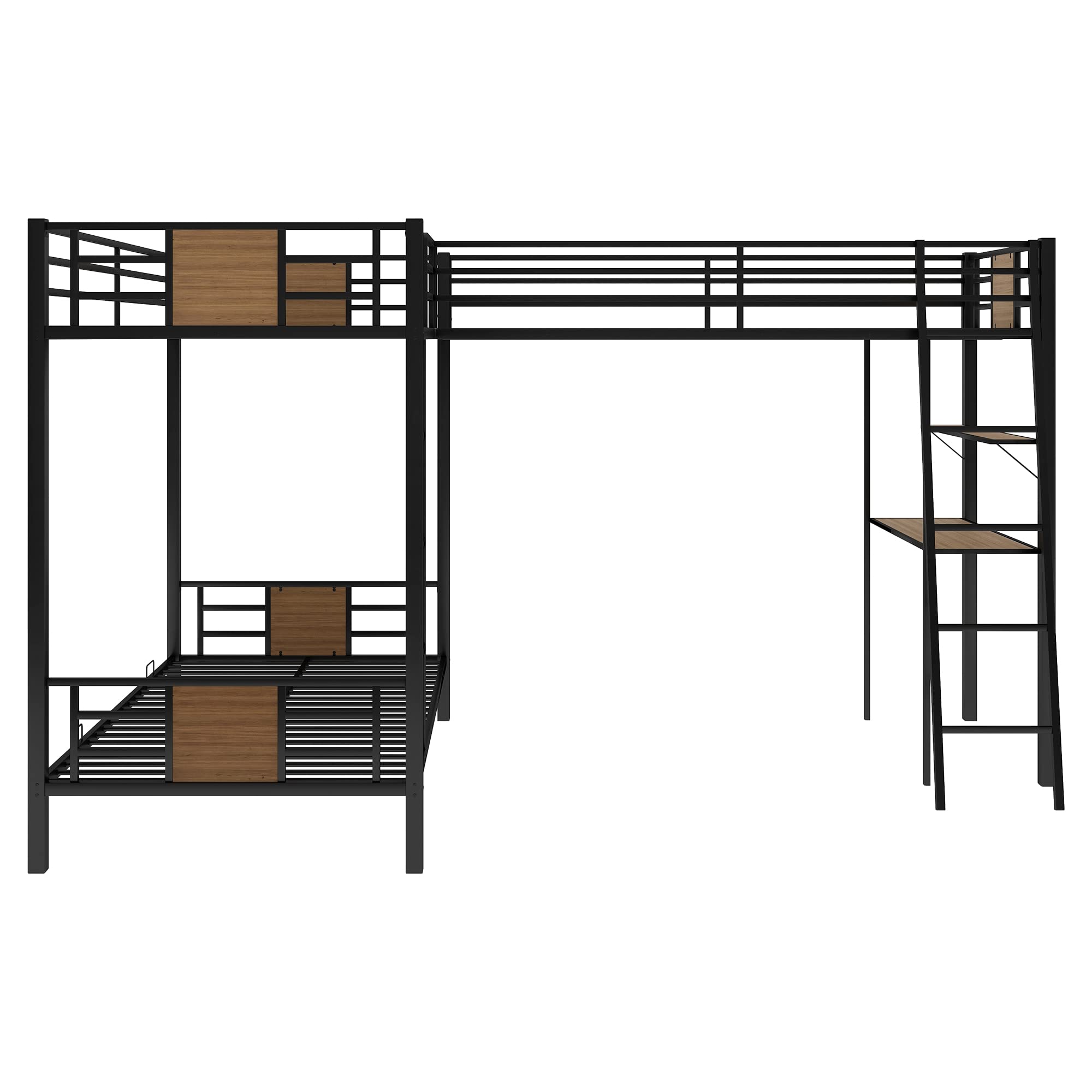 GLORHOME Twin-Over-Twin Triple Bed Metal Bunk Bed + Loft Bed with Desk and Shelf, Space Saving Bedroom Furniture