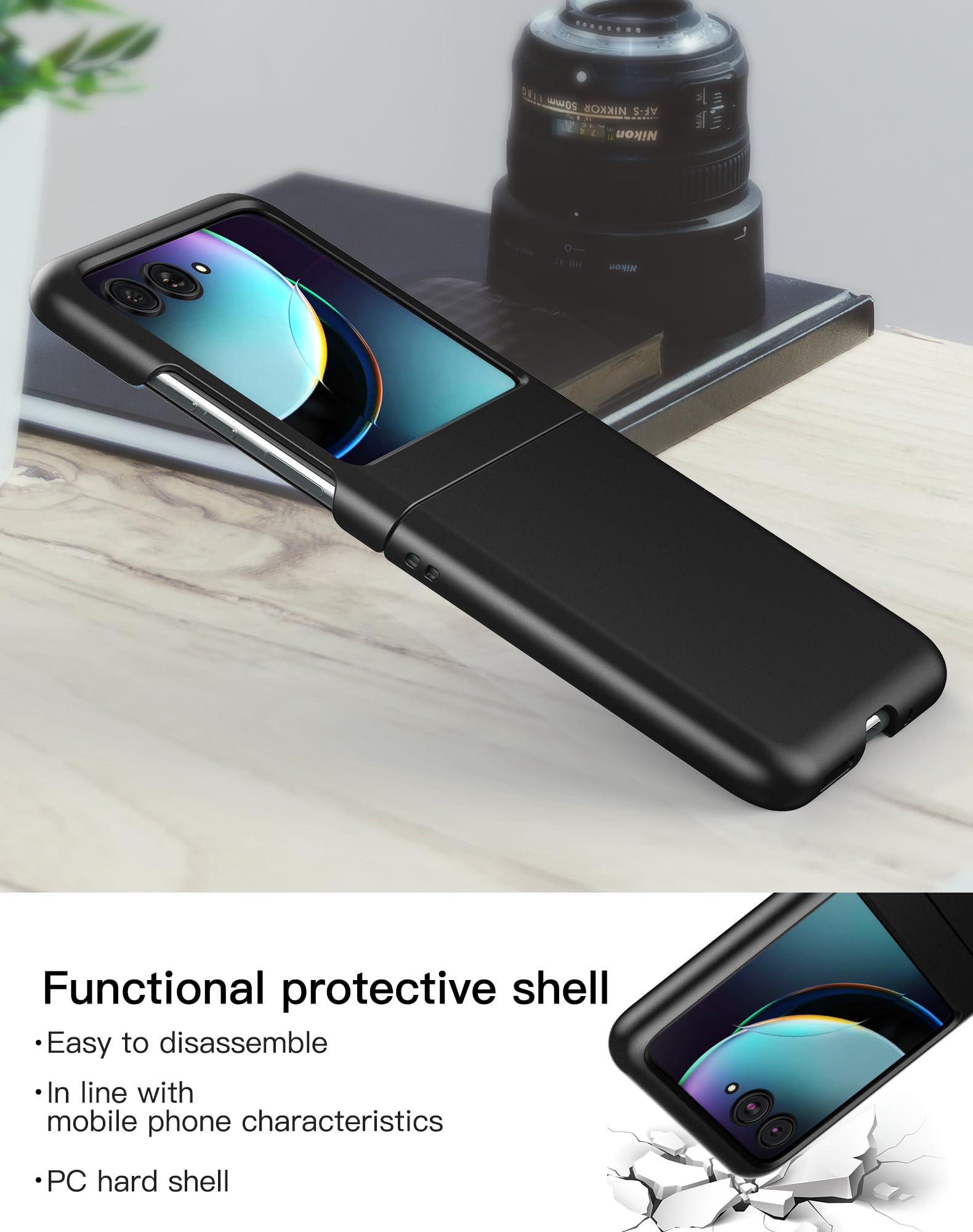 Foluu Slim Fit Case for Motorola Razr Plus 2023, with 1 Pack Soft Inner TPU Moto Razr Plus 2023 Screen Protector, 1 Pack Front Built-in Screen Protector, Matte PC Cover for Motorola Razr+ 2023 Black