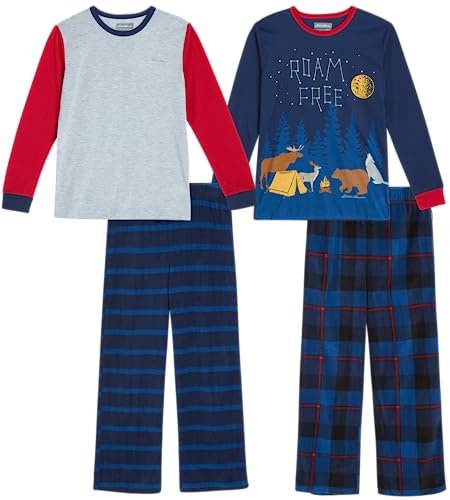 Eddie Bauer Boys' Pajama Set - 4 Piece Matching Fleece Graphic Pajama Tops and Pajama Pants for Boys (Sizes: XS-L), Size Medium, Blue/Grey