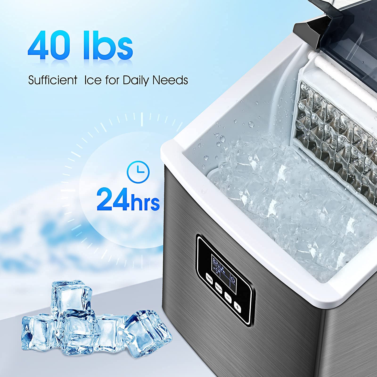 Portable Compact Ice Maker Machine Countertop With Scoop & Basket, 40Lbs/24H Auto Self-Cleaning,24 pcs Ice Cube in 13 Mins, ,Stainless Steel, Perfect for Home/Kitchen/Office/Bar (Black)