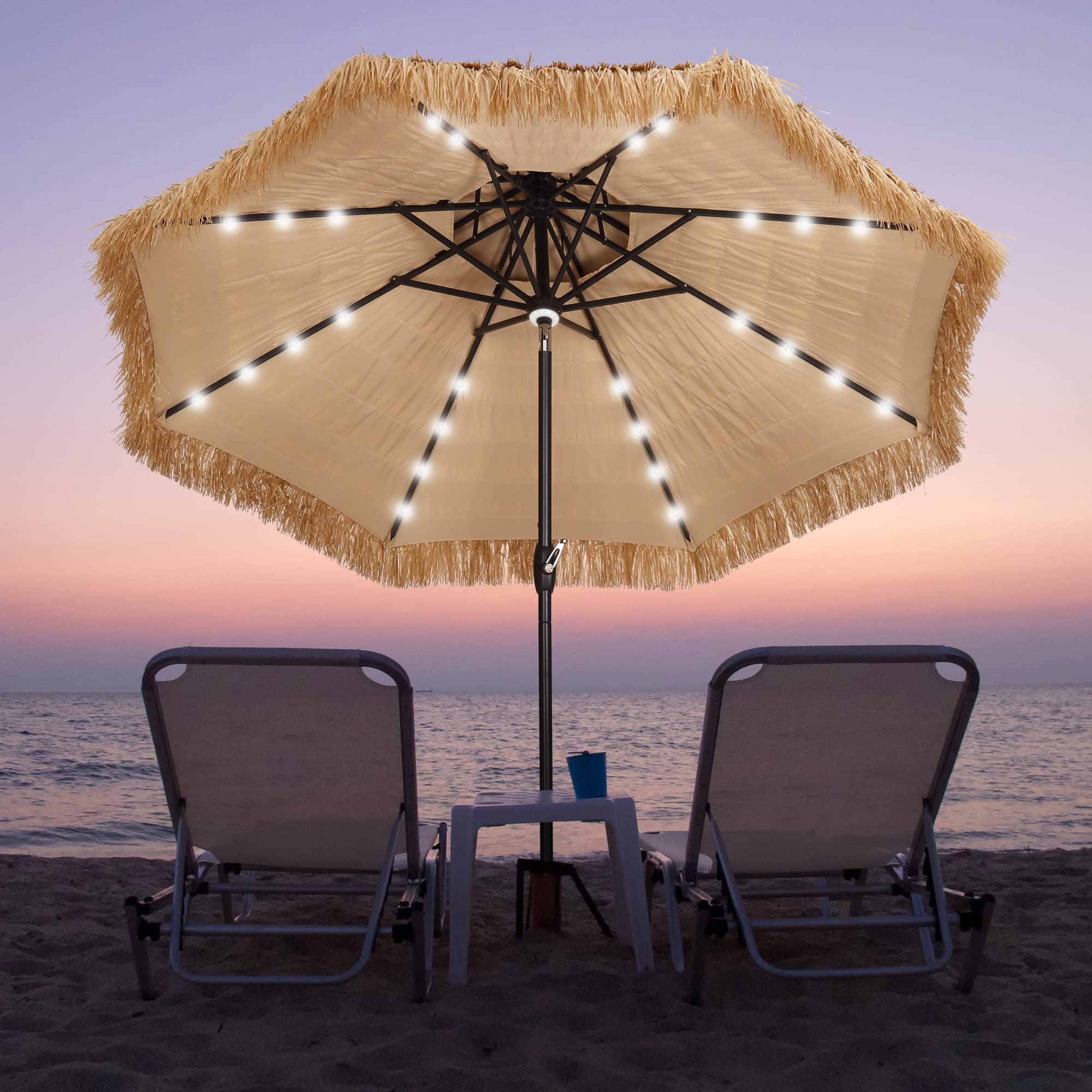 HYD-Parts 10FT Double Top Thatched Patio Umbrella Outdoor Hawaiian Style Beach Tiki Umbrella with Solar LED light & Crank for Patio, Pool, and Beach
