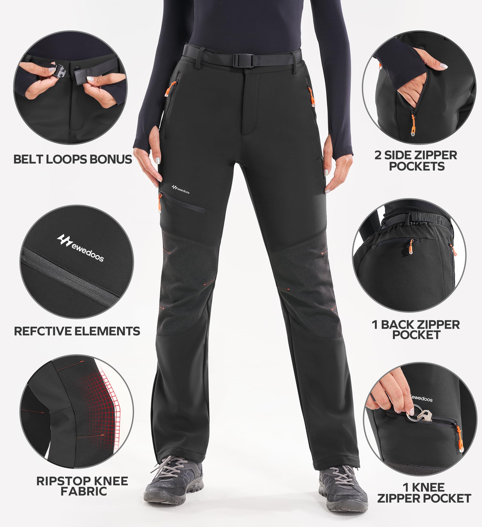 Ewedoos Snow Pants Womens Ski Pants Waterproof Insulate Softhell Fleece Lined Winter Hiking Snowboard Zipper Bottom Leg Black
