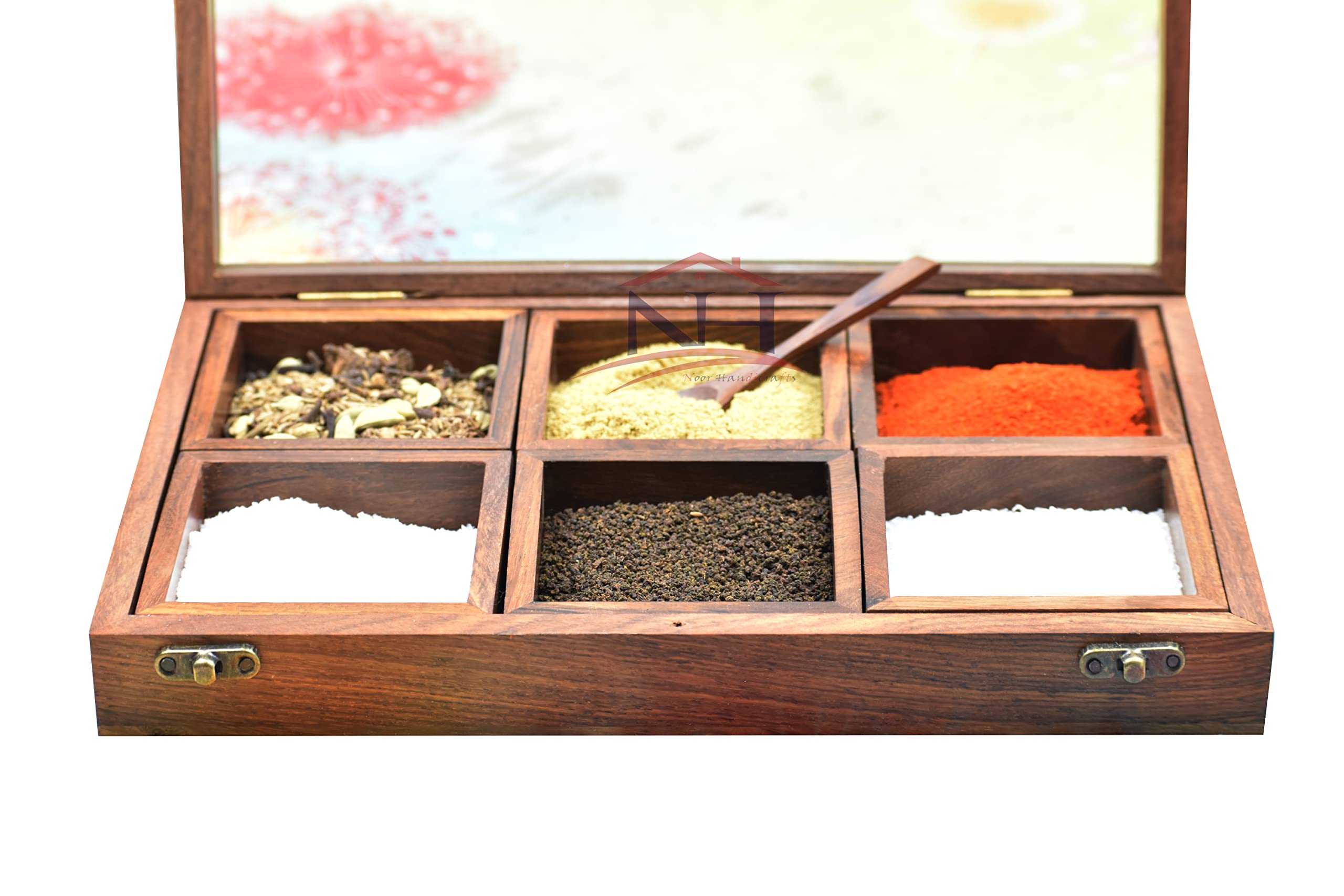 Mahak Nisar Timber '‘Six Blends' Wooden Spice Boxes 06 Containers Box with Spoon in Sheesham Wood Spice jar for Kitchen Multipurpose Decorative Boxes Spice Box