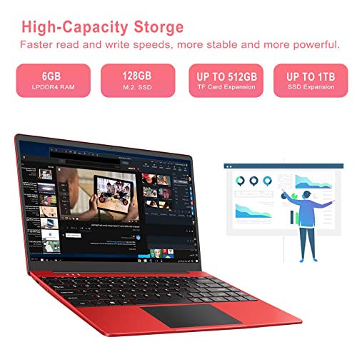 Ruzava Windows 10 Laptop Computers, 14" 6GB RAM 128GB SSD Support 1TB SSD Expansion, 1920x1080 FHD Traditional Laptop for Work Study Entertainment-Red