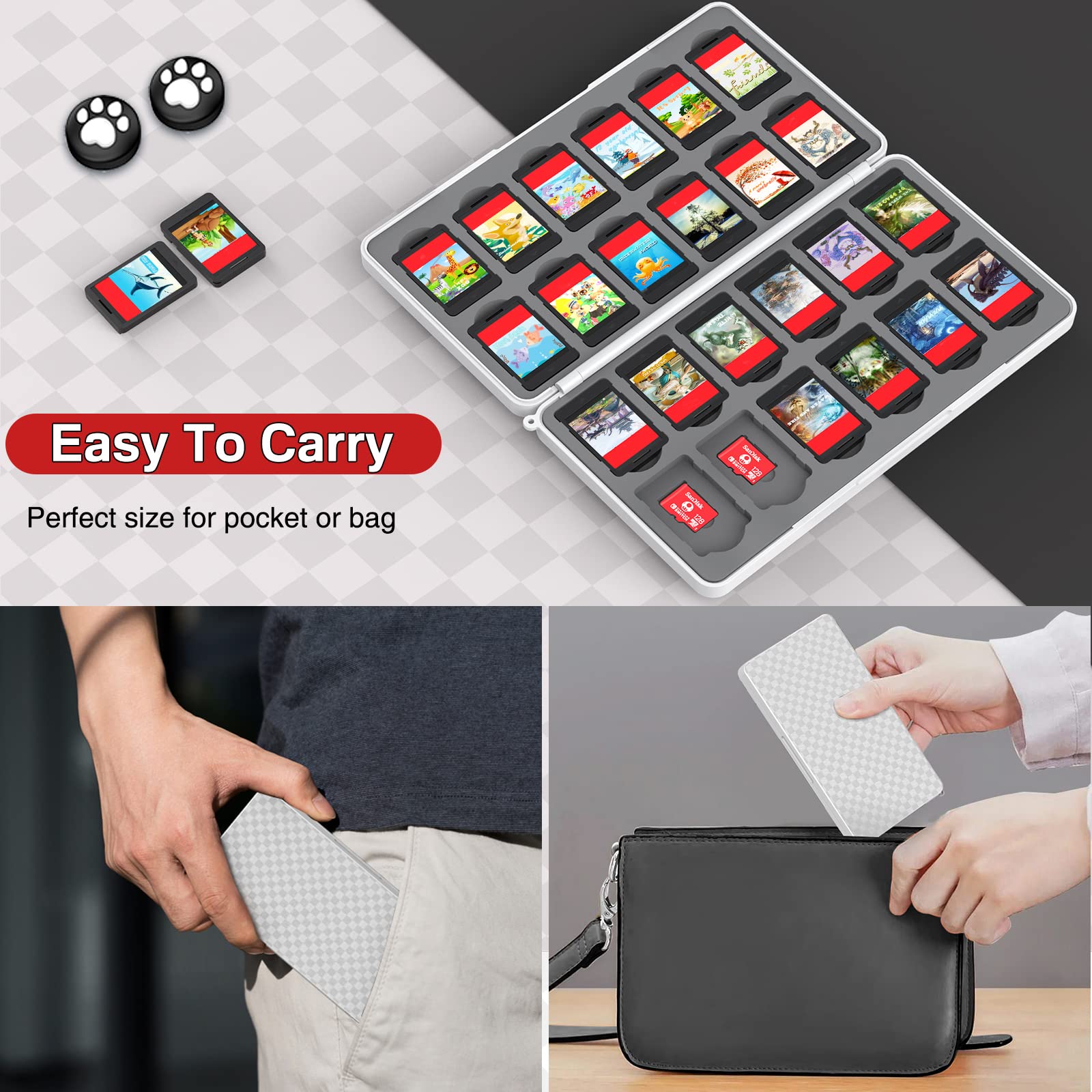 CYKOARMOR Switch Game Card Case Holder - Storage 24 Games & 24 Micro SD Card, Case Organizer Cartridge for Nintendo Switch/OLED/Lite, Hard Shell, Magnetic Closure, Soft Rubber, Plaid Grey White