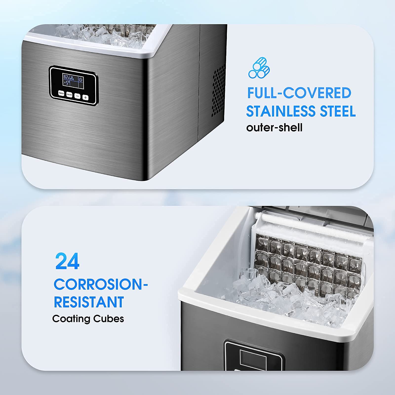 Portable Compact Ice Maker Machine Countertop With Scoop & Basket, 40Lbs/24H Auto Self-Cleaning,24 pcs Ice Cube in 13 Mins, ,Stainless Steel, Perfect for Home/Kitchen/Office/Bar (Black)
