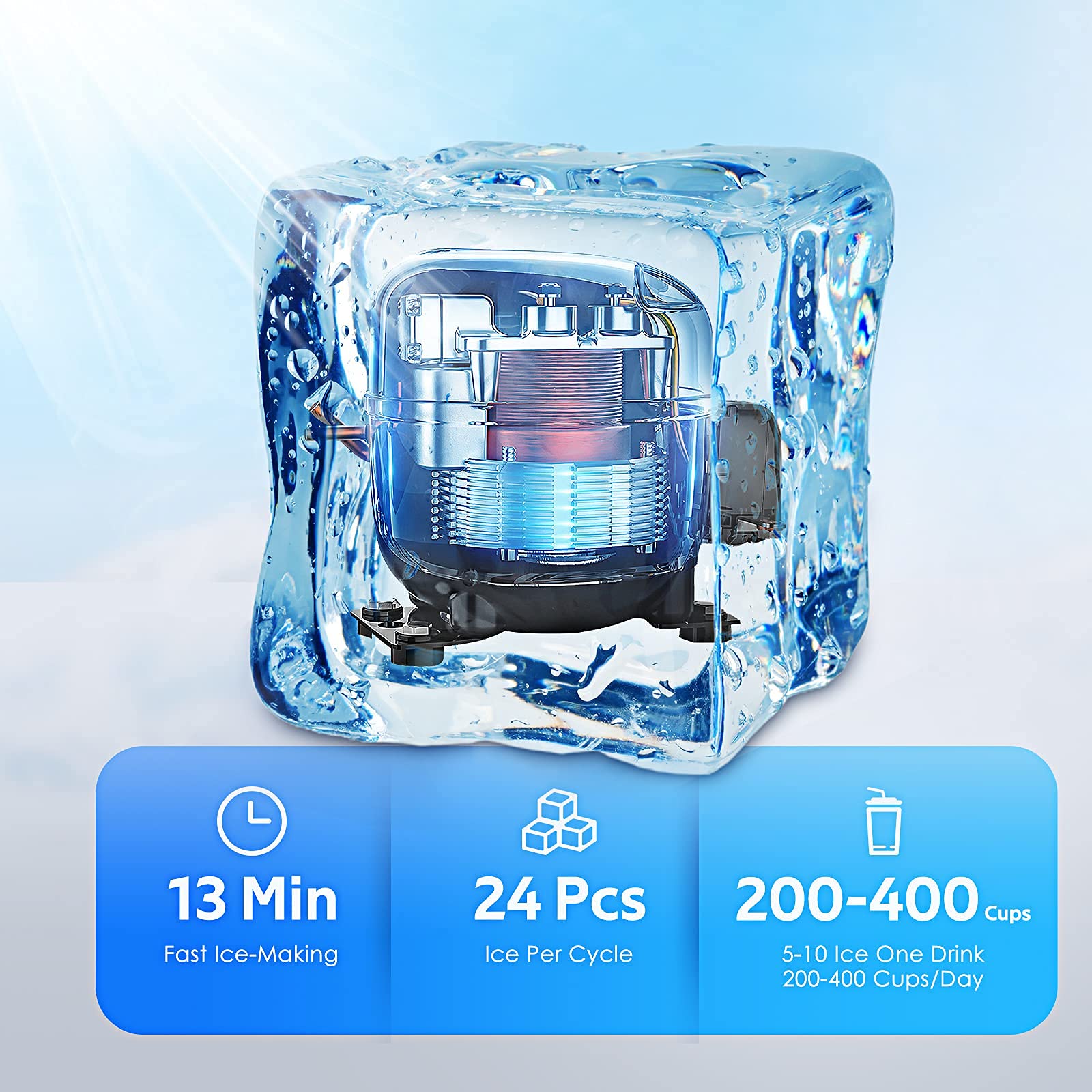 Portable Compact Ice Maker Machine Countertop With Scoop & Basket, 40Lbs/24H Auto Self-Cleaning,24 pcs Ice Cube in 13 Mins, ,Stainless Steel, Perfect for Home/Kitchen/Office/Bar (Black)