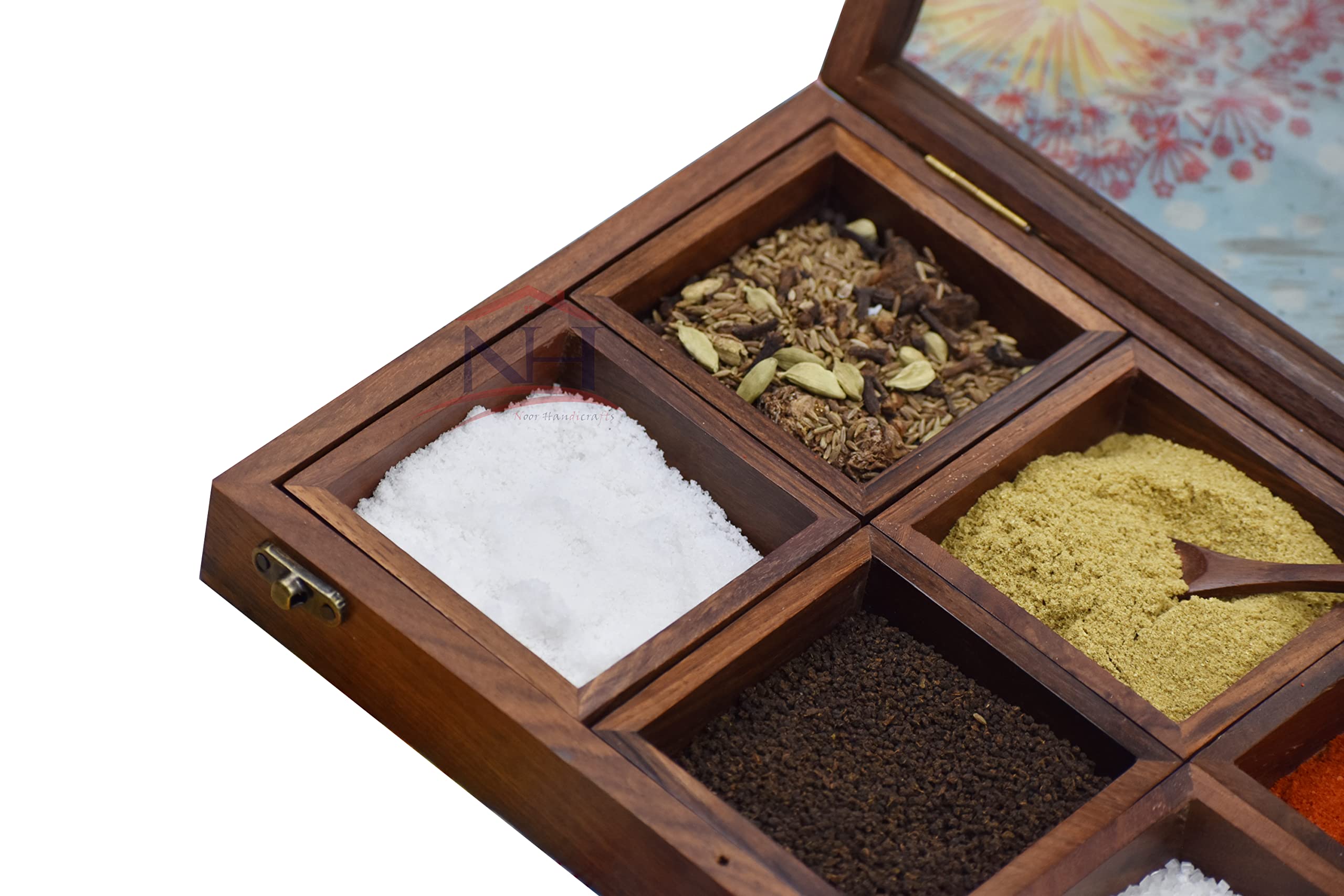 Mahak Nisar Timber '‘Six Blends' Wooden Spice Boxes 06 Containers Box with Spoon in Sheesham Wood Spice jar for Kitchen Multipurpose Decorative Boxes Spice Box