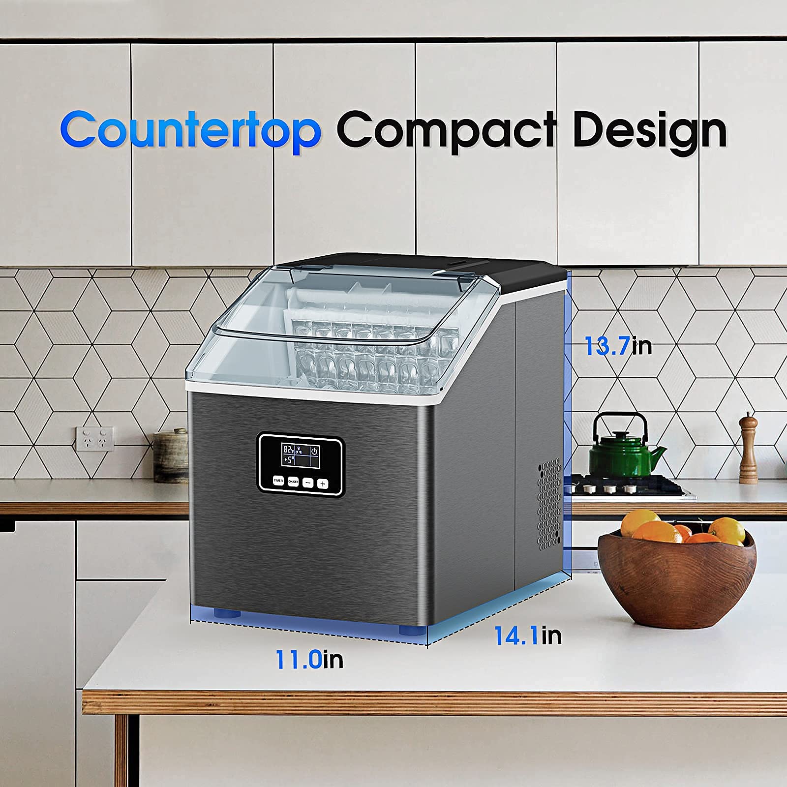 Portable Compact Ice Maker Machine Countertop With Scoop & Basket, 40Lbs/24H Auto Self-Cleaning,24 pcs Ice Cube in 13 Mins, ,Stainless Steel, Perfect for Home/Kitchen/Office/Bar (Black)