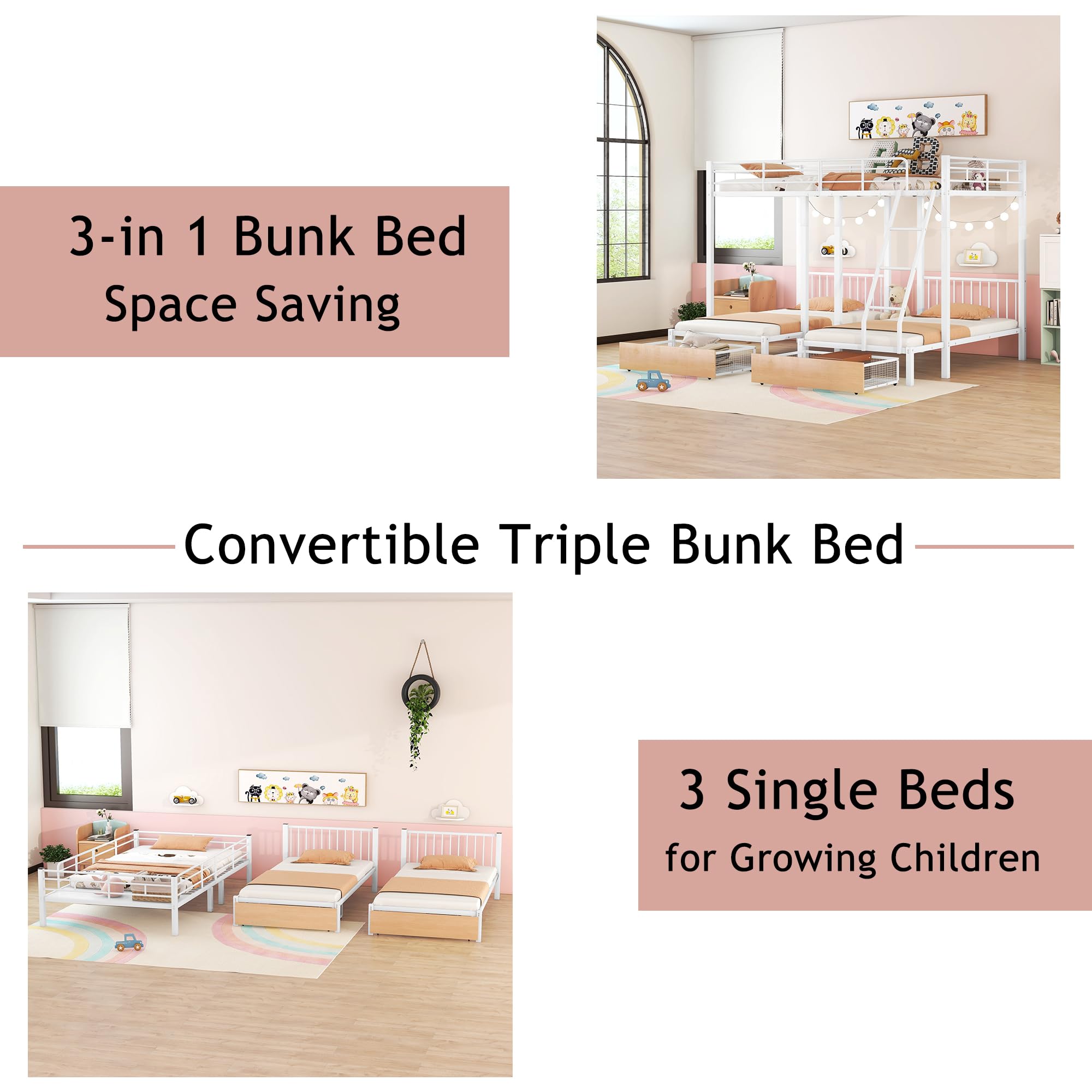 Metal Triple Bunk Bed Full Over Twin & Twin, Full Over Twin & Twin Bunk Bed with Storage Drawers, 3 Bunk Beds/Convertible Into 3 Beds, Metal Triple Bunk Beds for Kids,Teens, Girls(White)
