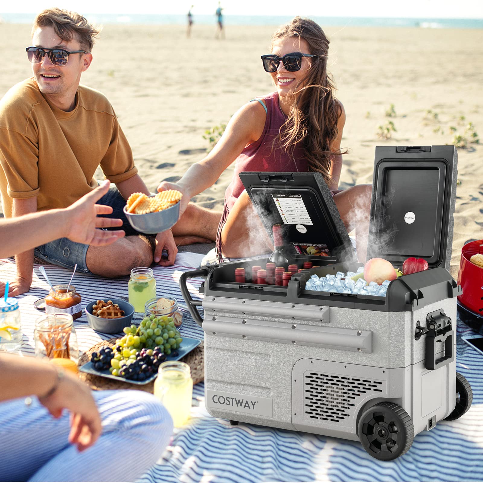 COSTWAY Car Refrigerator with Wheels, 40-Quart Dual-zone Single-temperature Electric Cooler, 12V/24V DC, 100-240V AC, -4°F To 50°F, Reversible Lids, Portable Car Freezer for RV Camping, Black