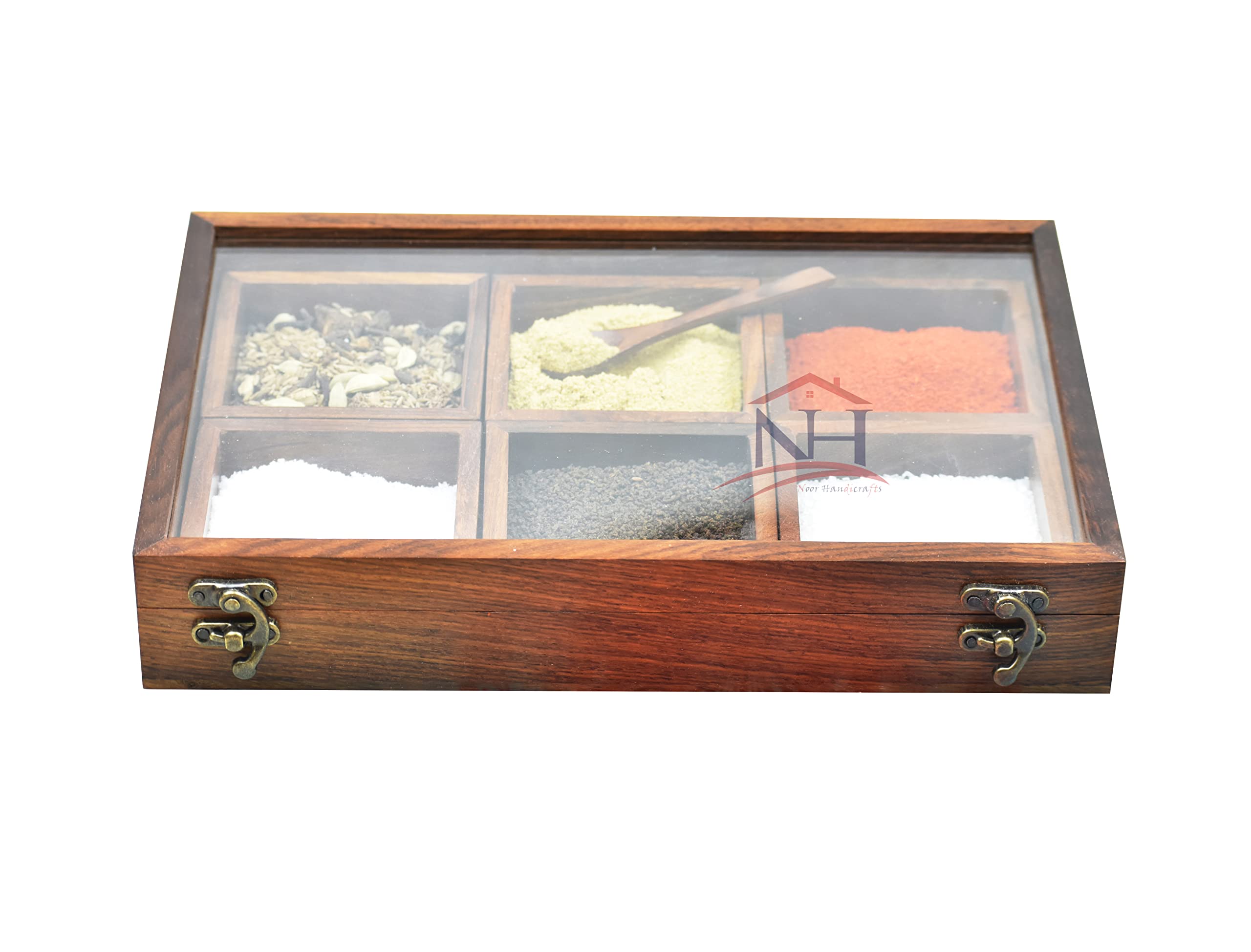 Mahak Nisar Timber '‘Six Blends' Wooden Spice Boxes 06 Containers Box with Spoon in Sheesham Wood Spice jar for Kitchen Multipurpose Decorative Boxes Spice Box