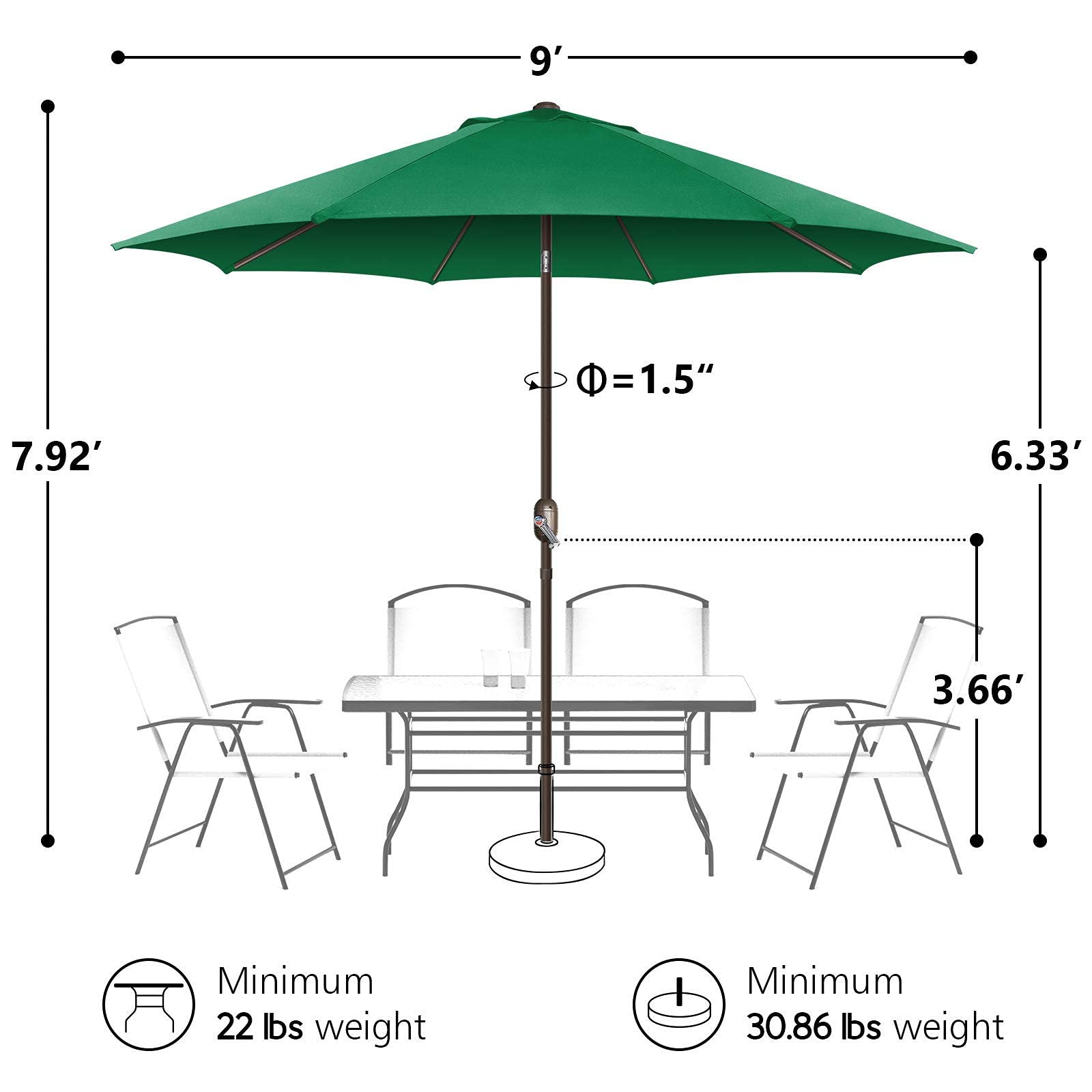 Funsite 9ft Patio Umbrella, UV Protect Pool Umbrella with Heavy Duty Pole, Ventilate Design Outdoor Umbrella with Push Botton Tilt & Crank Ideal for Garden, Lawn, Deck, Backyard&Pool, Grass Green
