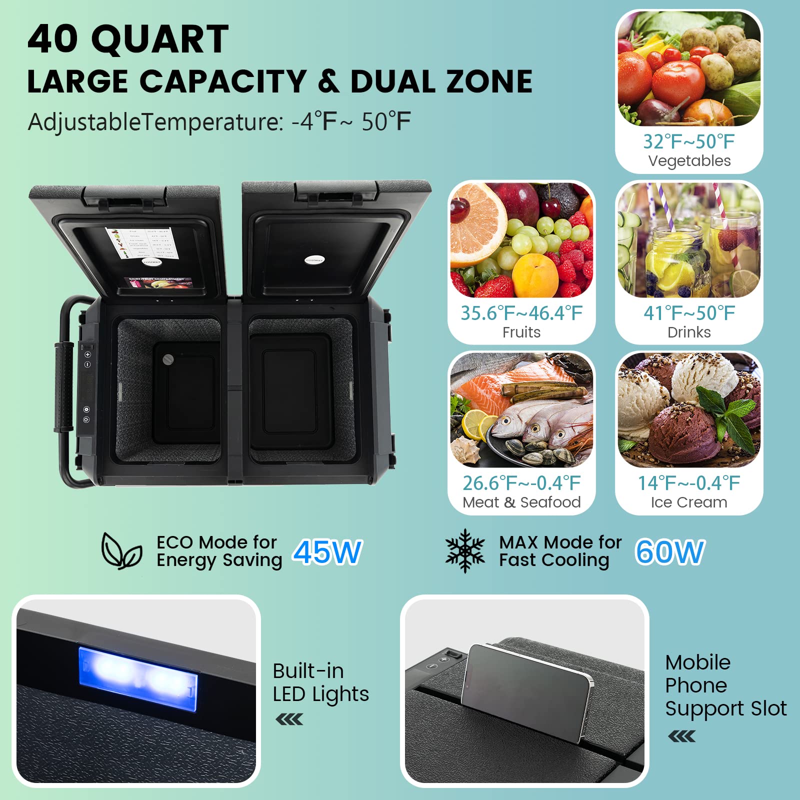 COSTWAY Car Refrigerator with Wheels, 40-Quart Dual-zone Single-temperature Electric Cooler, 12V/24V DC, 100-240V AC, -4°F To 50°F, Reversible Lids, Portable Car Freezer for RV Camping, Black