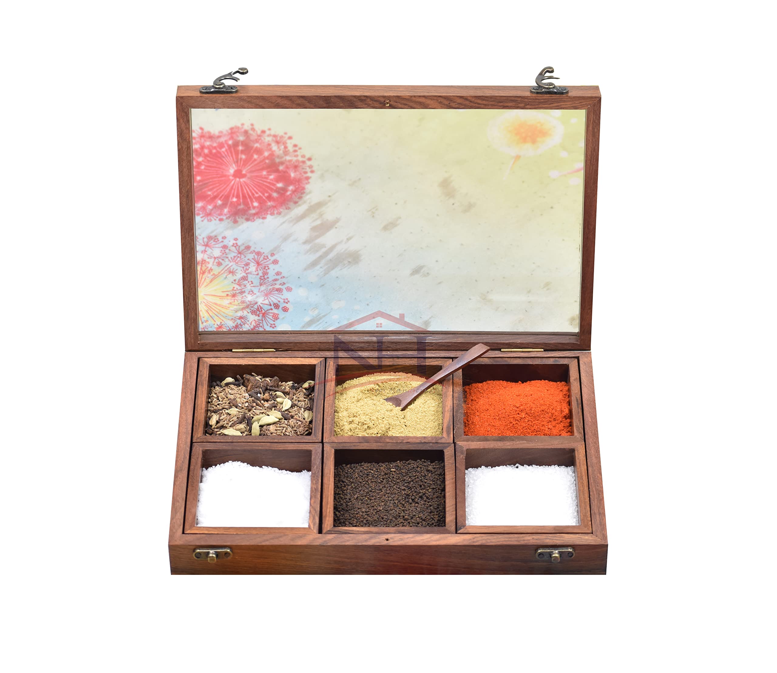 Mahak Nisar Timber '‘Six Blends' Wooden Spice Boxes 06 Containers Box with Spoon in Sheesham Wood Spice jar for Kitchen Multipurpose Decorative Boxes Spice Box