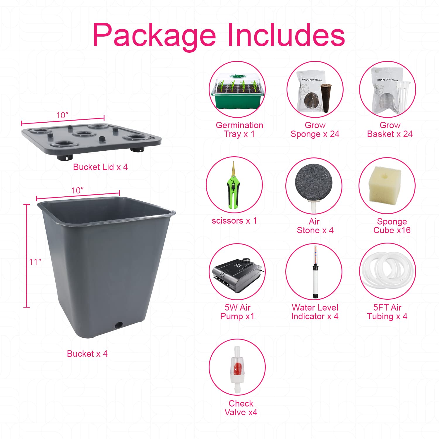 Lawnful 4 Hydroponic Buckets Kit for Plants, Hydroponics Growing System for Herbs/Tomato/Vegetables, DWC System with Air Pump & Germination Tray (Complete Indoor Hydroponic Gardening Supplies)