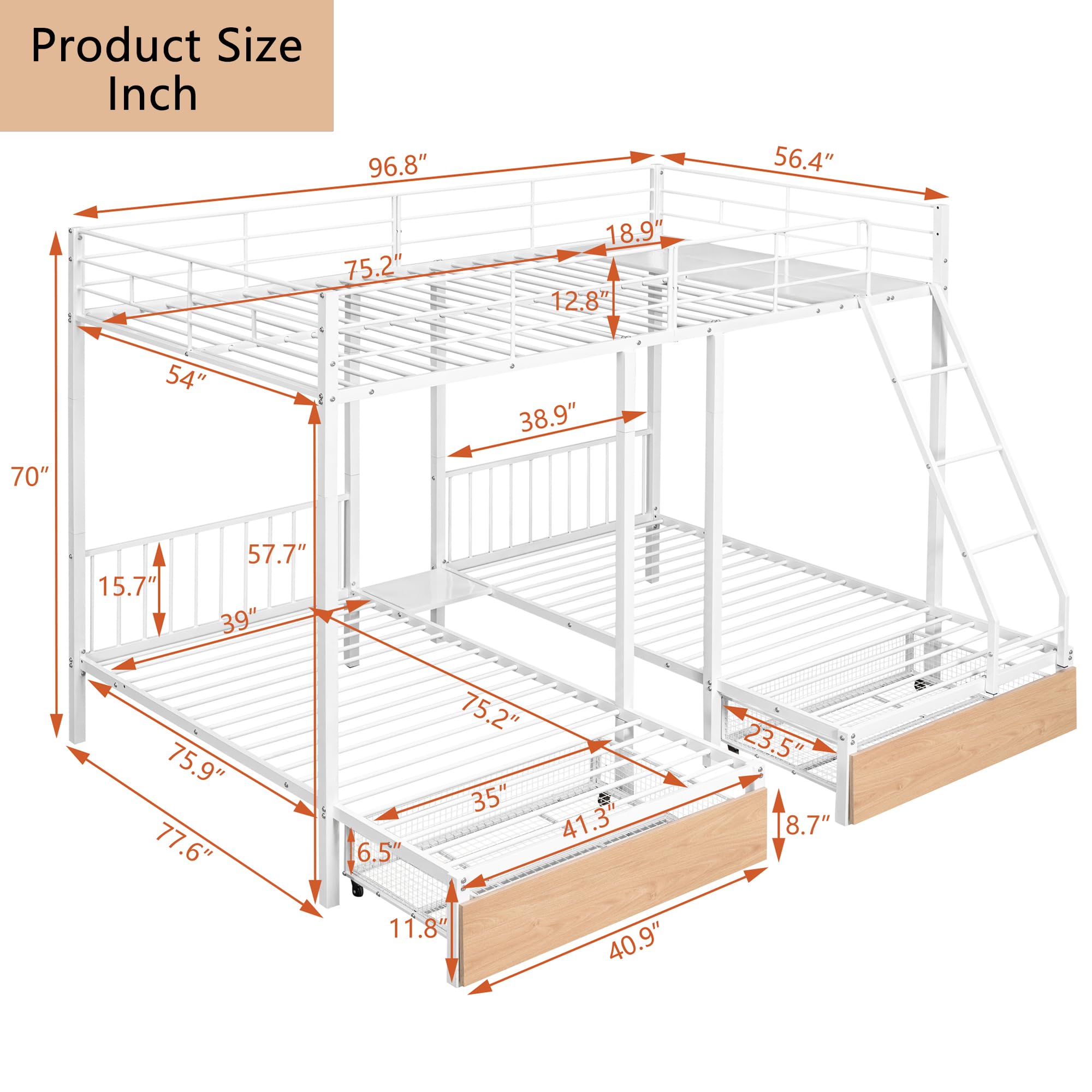 Metal Triple Bunk Bed Full Over Twin & Twin, Full Over Twin & Twin Bunk Bed with Storage Drawers, 3 Bunk Beds/Convertible Into 3 Beds, Metal Triple Bunk Beds for Kids,Teens, Girls(White)