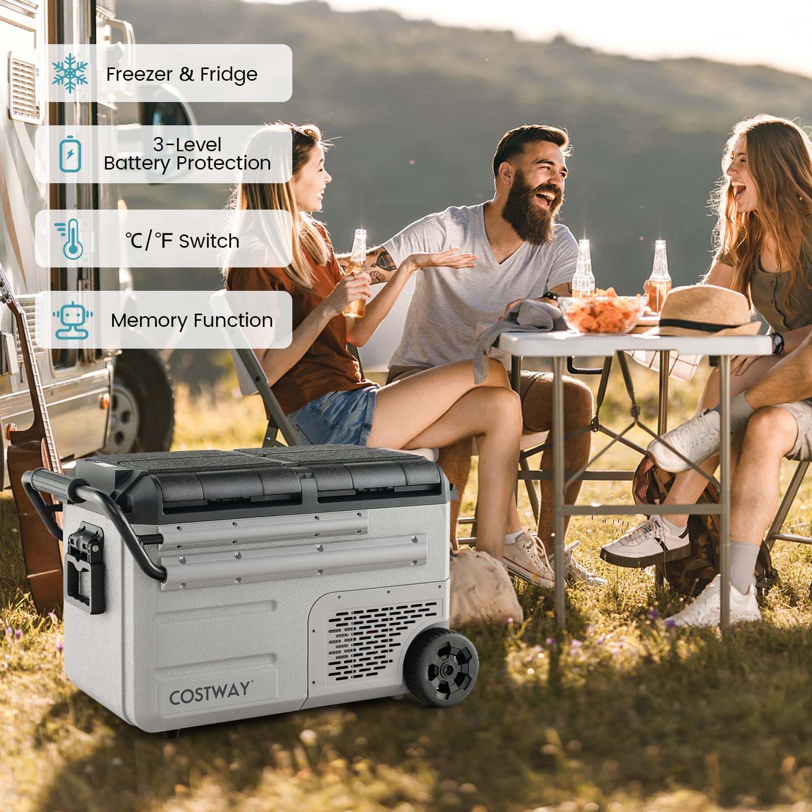 COSTWAY Car Refrigerator with Wheels, 40-Quart Dual-zone Single-temperature Electric Cooler, 12V/24V DC, 100-240V AC, -4°F To 50°F, Reversible Lids, Portable Car Freezer for RV Camping, Black