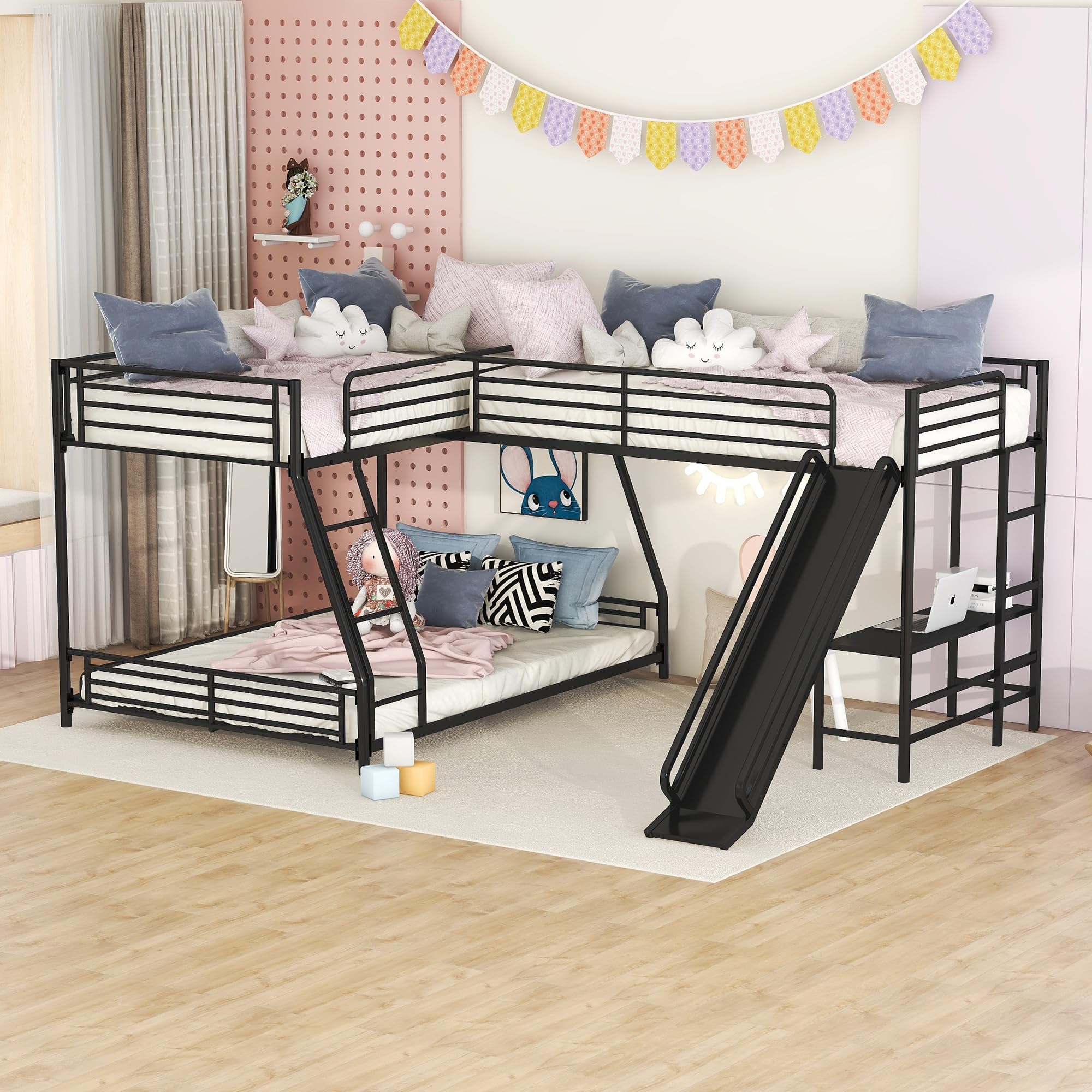 Triple Bunk Beds, L-Shape Twin Over Full Bunk Bed Attached a Loft Bed with Desk, Triple Bunk Beds with Slide, Metal Corner Bunk Bed Frame for Three Kids Boys Girls Teens, Black
